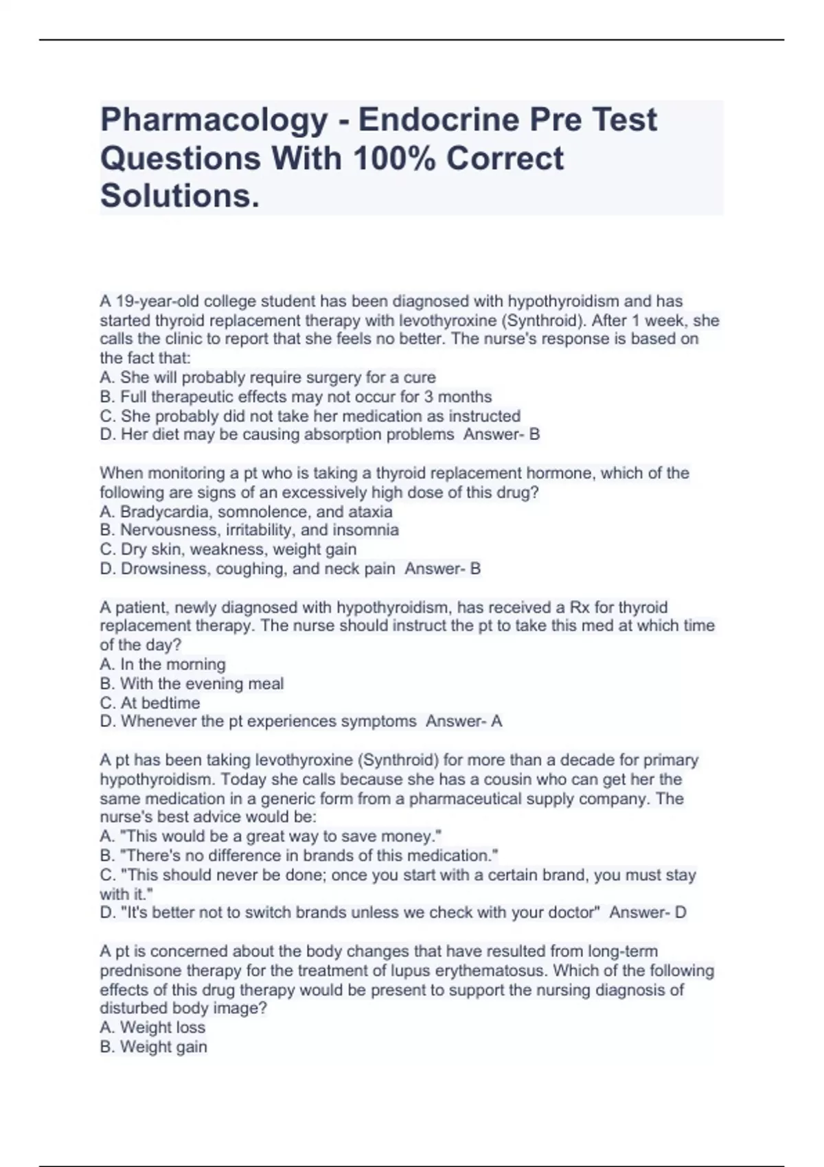Pharmacology - Endocrine Pre Test Questions With 100% Correct Solutions ...