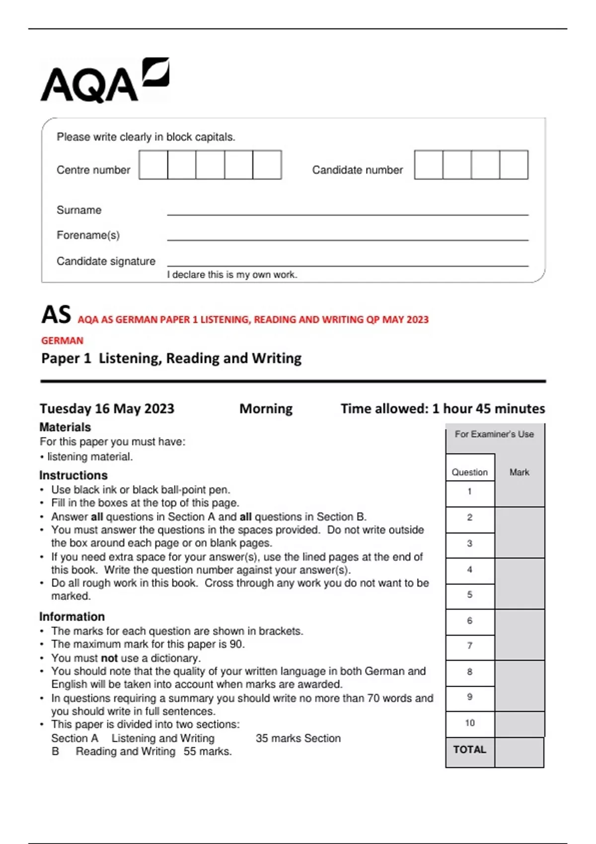 Bundle: AQA AS GERMAN Paper 1 and 2 |QP and MS|2023 - Stuvia US