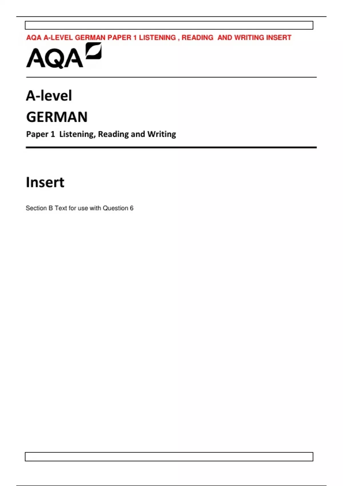 Bundle: AQA A-LEVEL GERMAN |Paper 1 and 2| QP and MS|2023 - Stuvia US