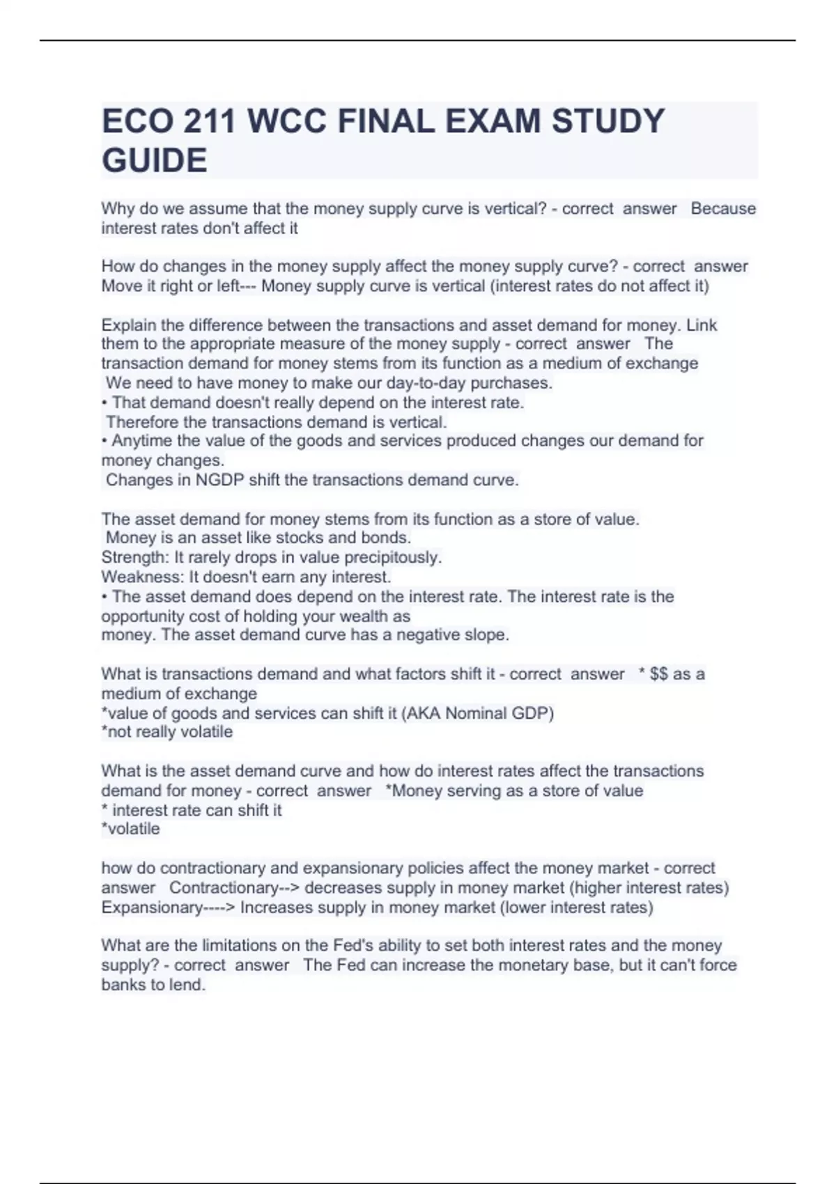 ECO 211 WCC FINAL EXAM STUDY GUIDE Questions with complete solution 2023 - WSS - Stuvia US