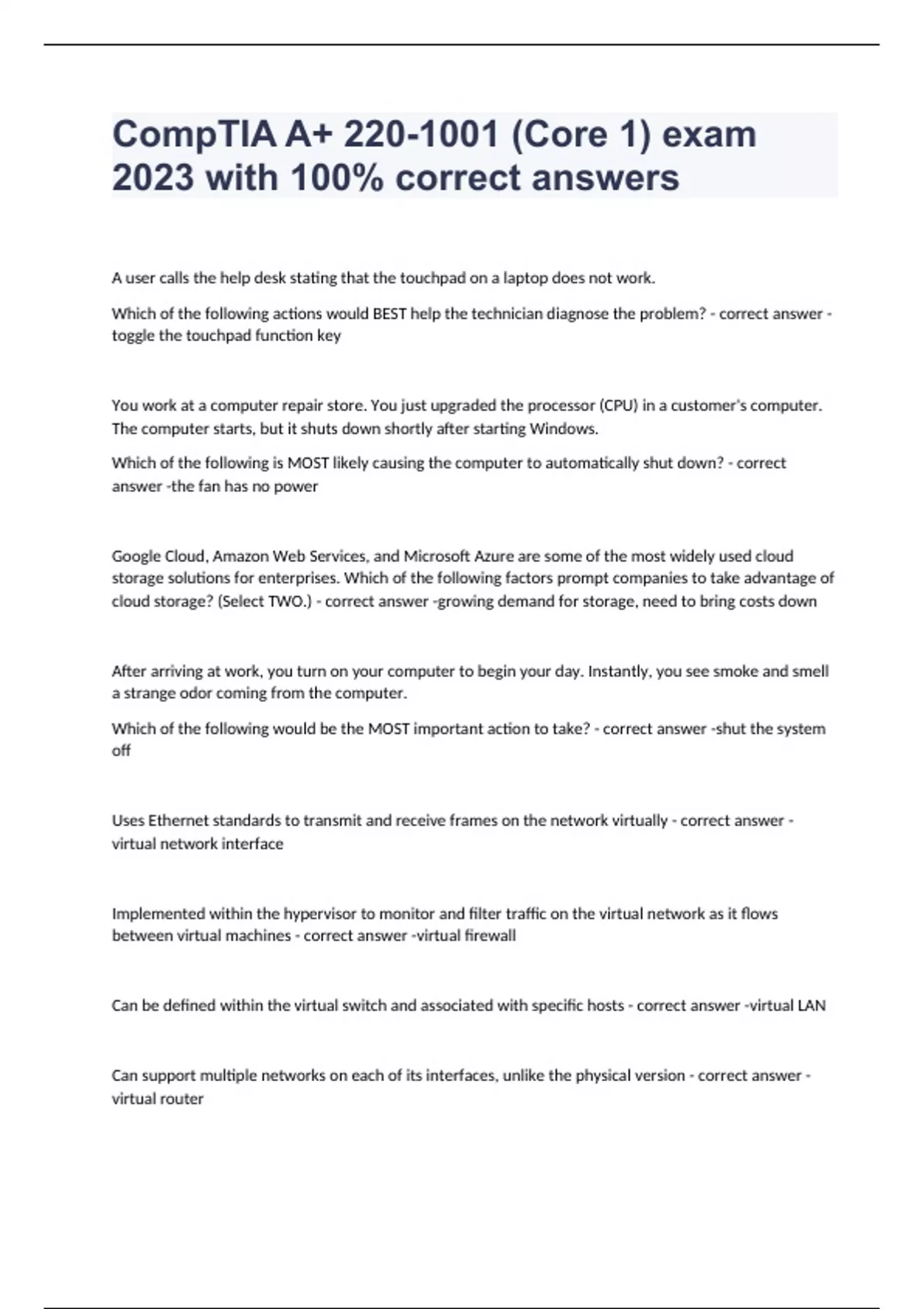 CompTIA A+ 220-1001 (Core 1) exam 2023 with 100% correct answers ...