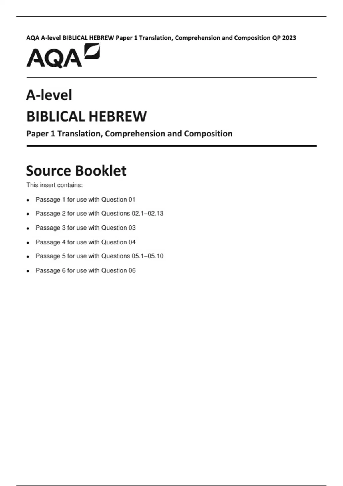 Bundle: AQA A-level BIBLICAL HEBREW |Paper 1,2 and 3| Question Papers ...