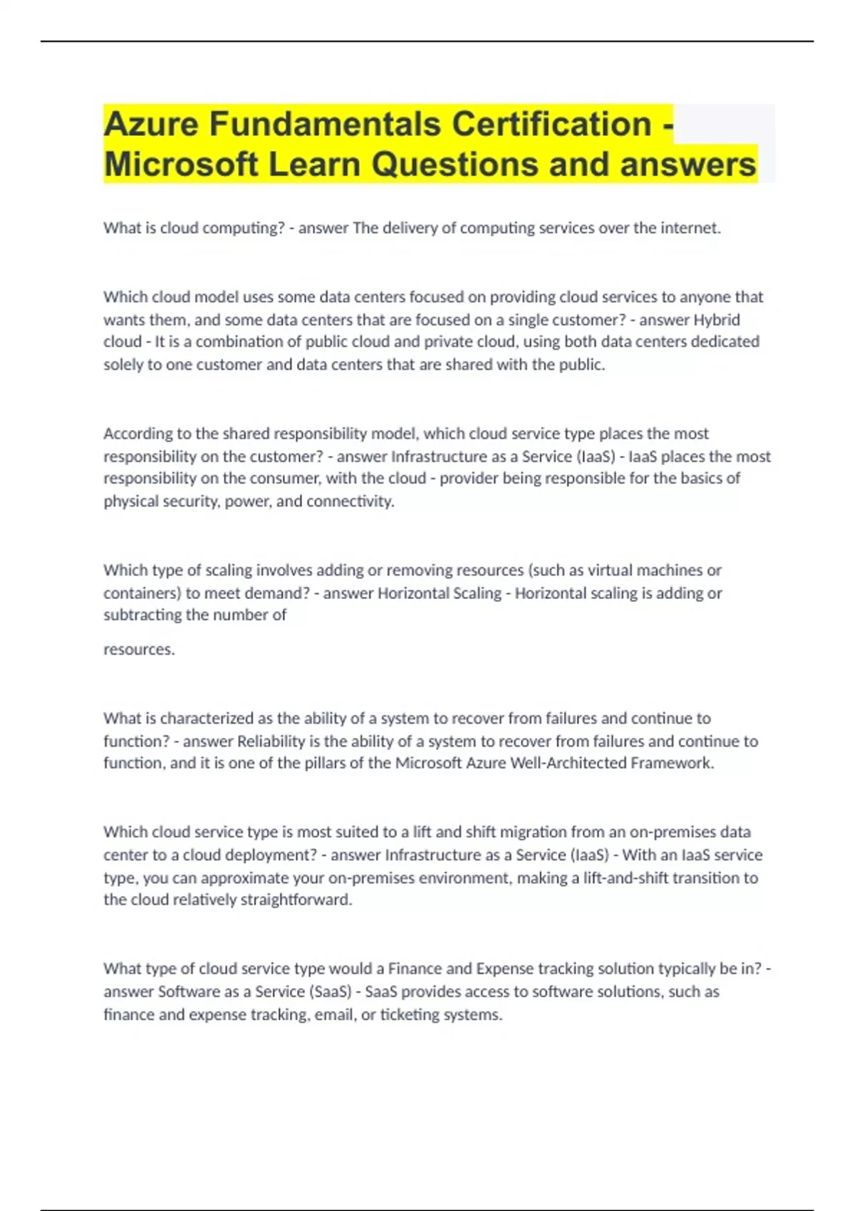 Azure Fundamentals Certification - Microsoft Learn Questions and ...