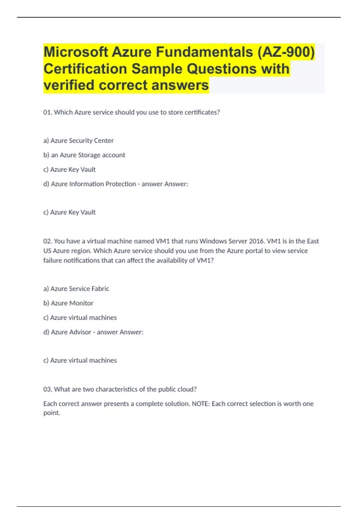 Microsoft Azure Fundamentals (AZ-900) Certification Sample Questions ...