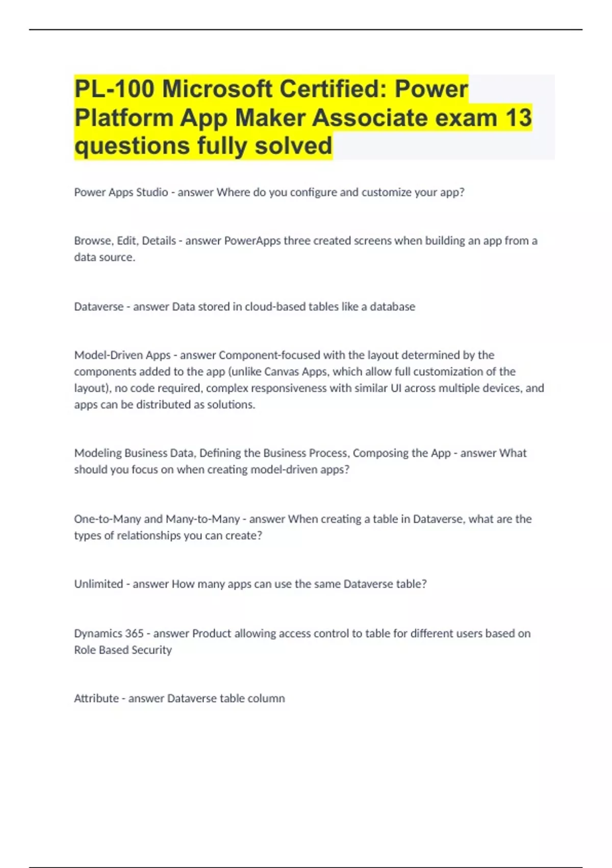 PL-100 Microsoft Certified Power Platform App Maker Associate exam |13 questions fully solved ...