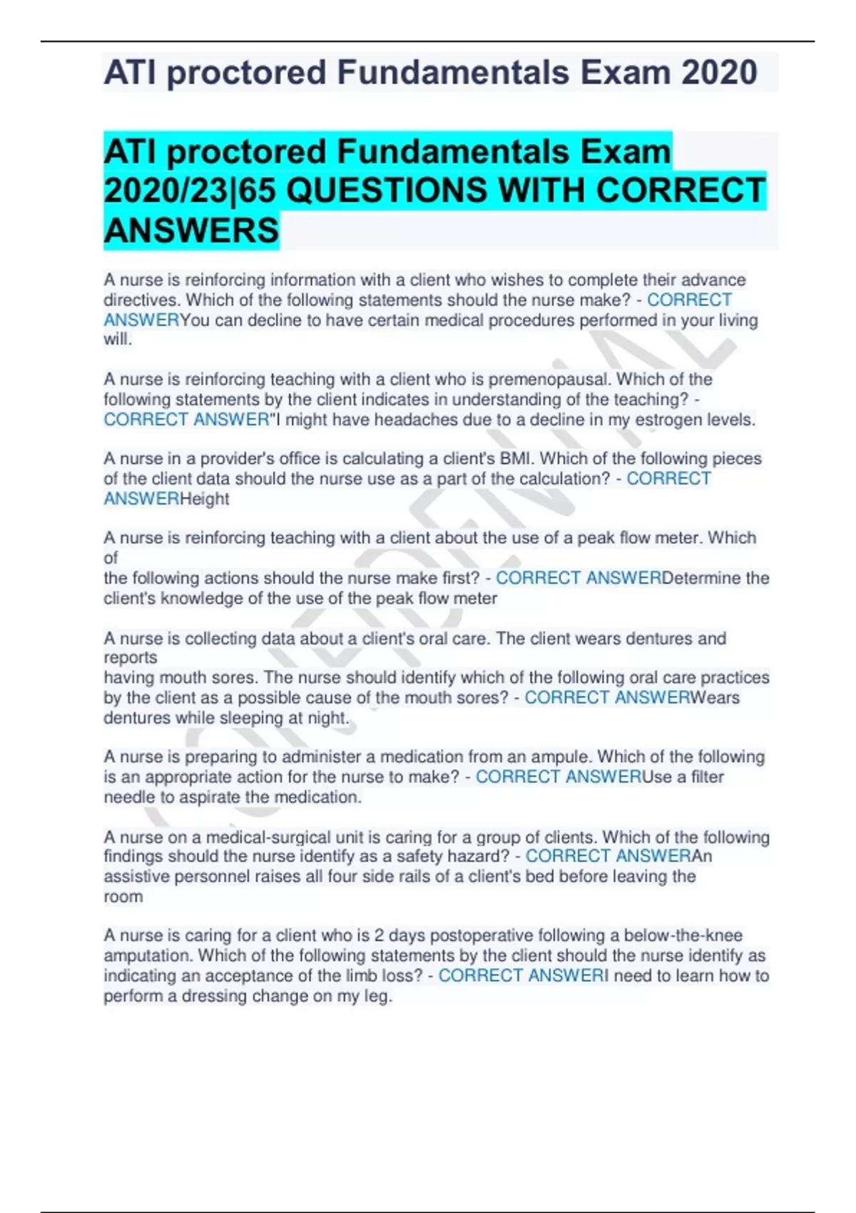 ATI proctored Fundamentals Exam 2020/23|65 QUESTIONS WITH CORRECT ...