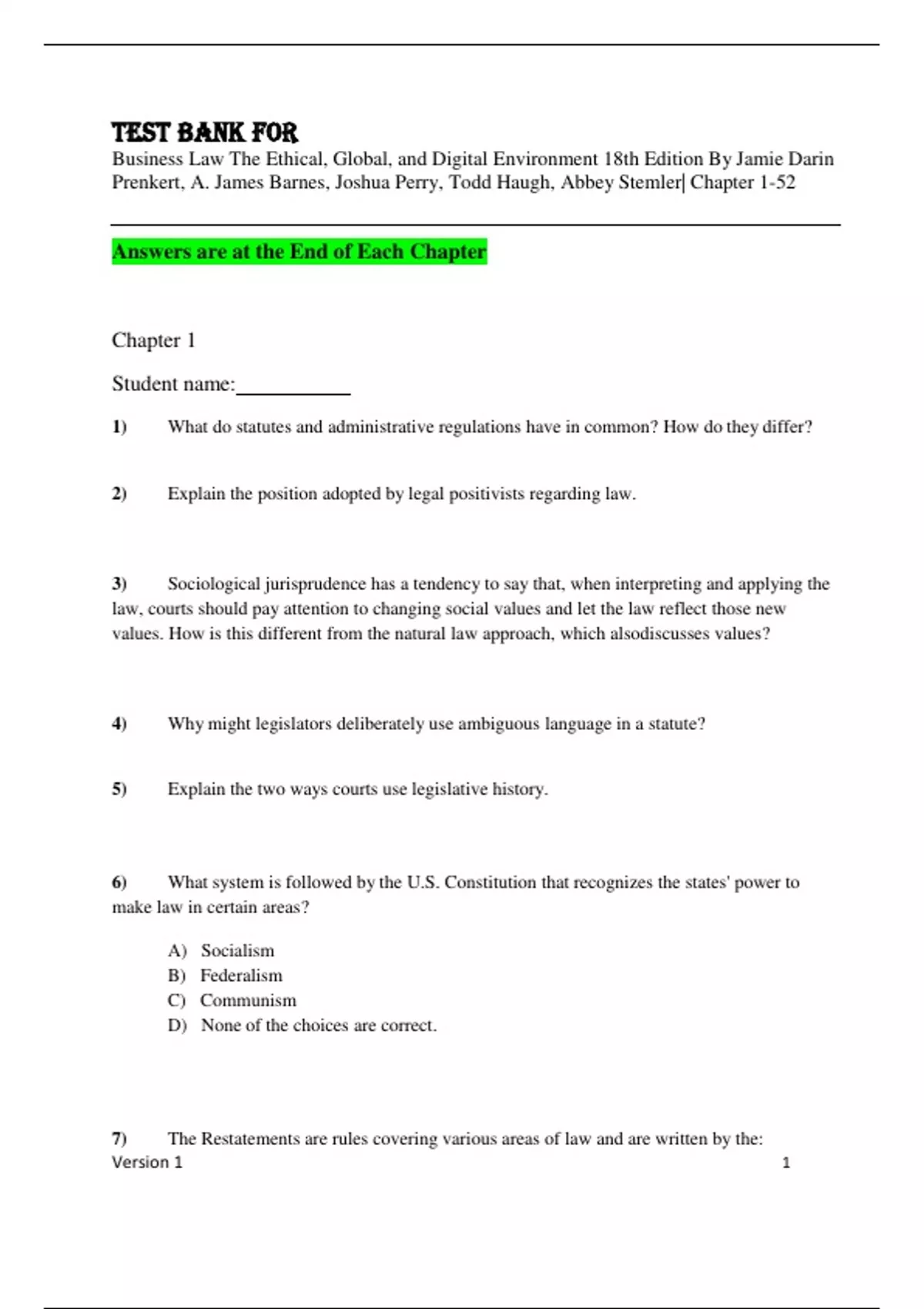 Test Bank for Business Law The Ethical, Global, and Digital Environment ...