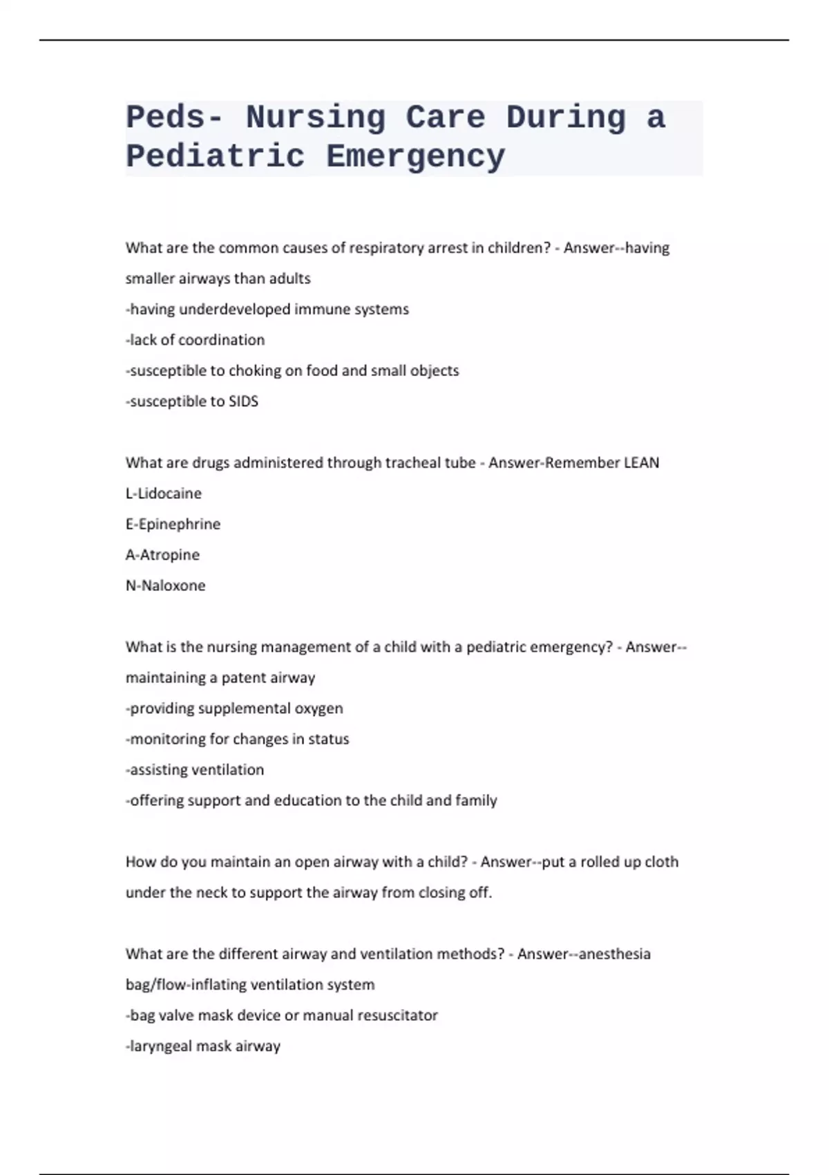 Nursing Care During a Pediatric Emergency Exam with correct Answers ...