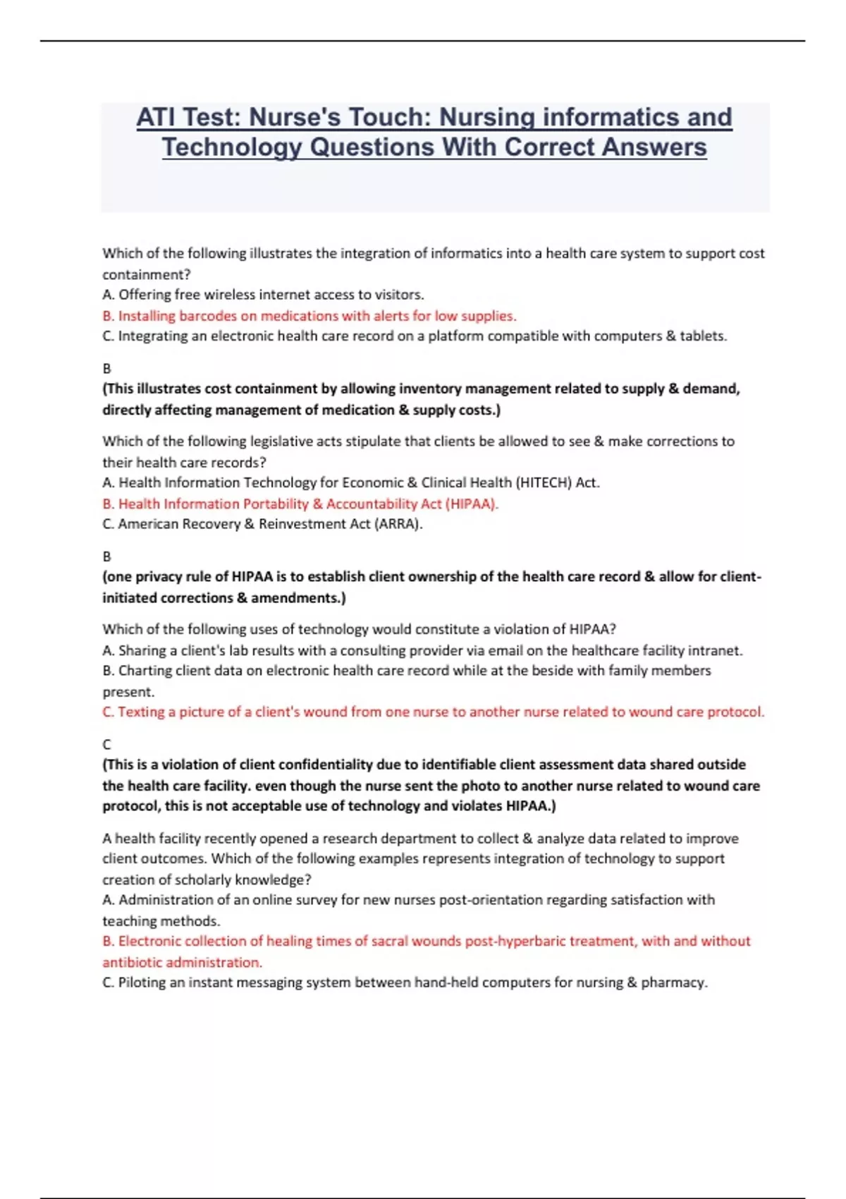 ATI Test: Nurse's Touch: Nursing informatics and Technology Questions ...