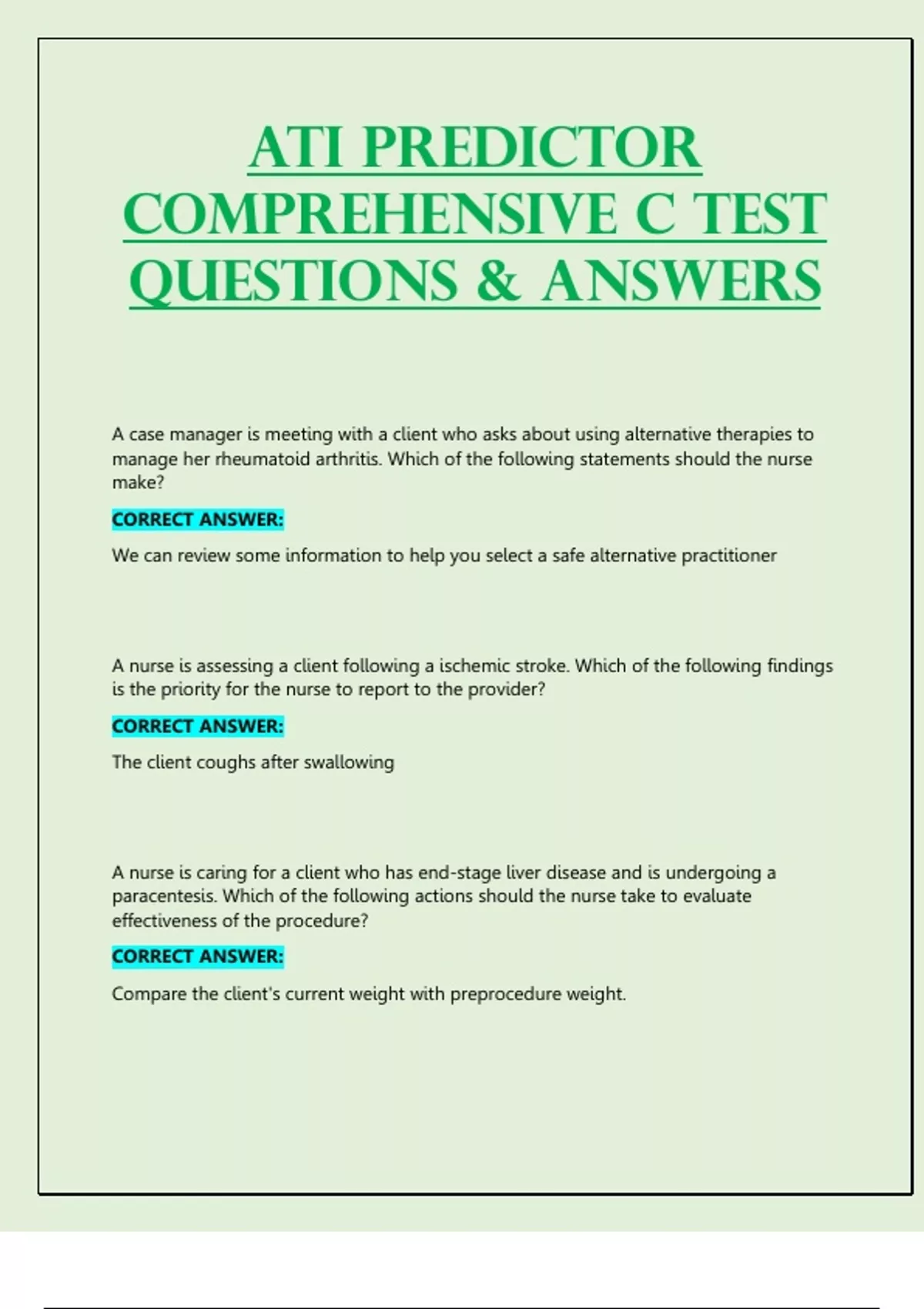 ATI PREDICTOR Comprehensive C Test Questions & Answers - LATEST 2023 / ...