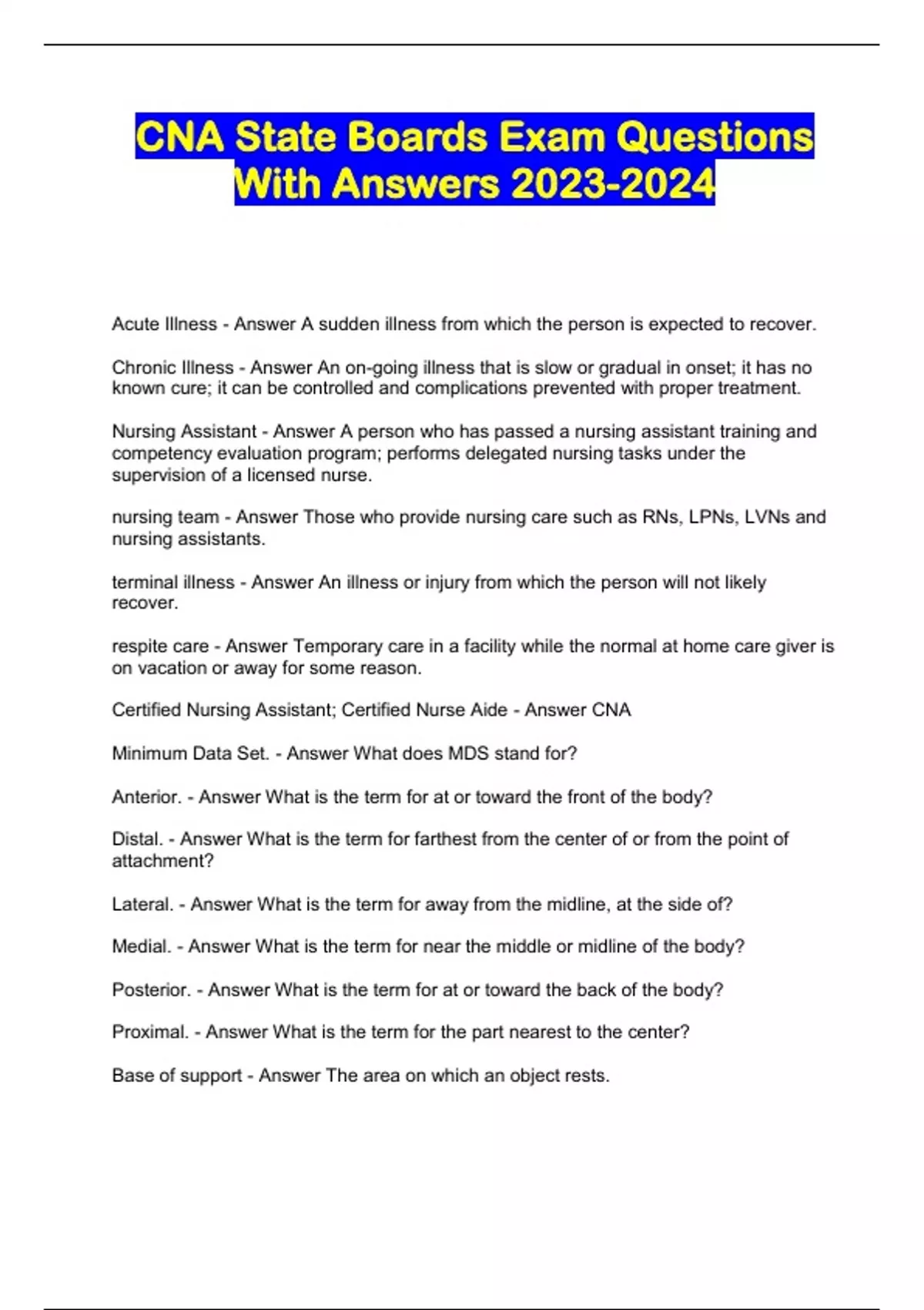 CNA State Boards Exam Questions With Answers - CNA State Boards - Stuvia US