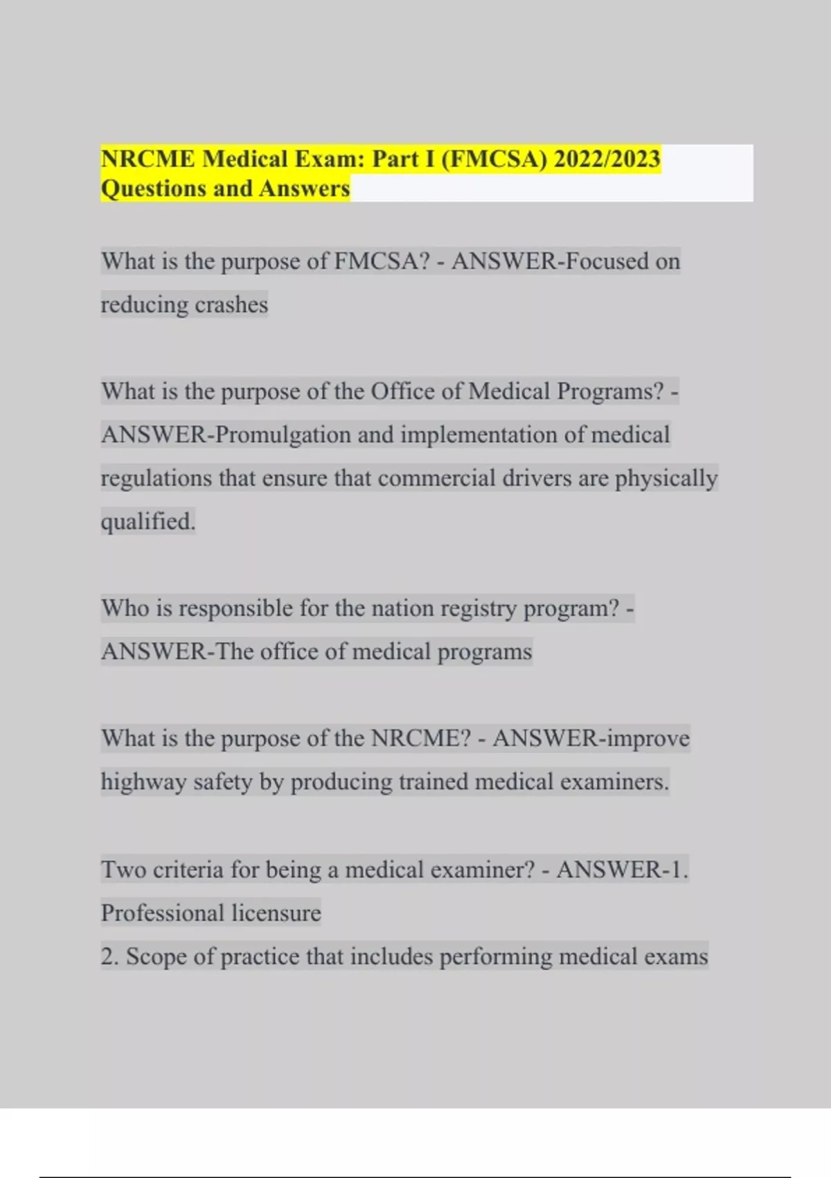 NRCME Medical Exam: Part I (FMCSA) 2022/2023 Questions and Answers ...
