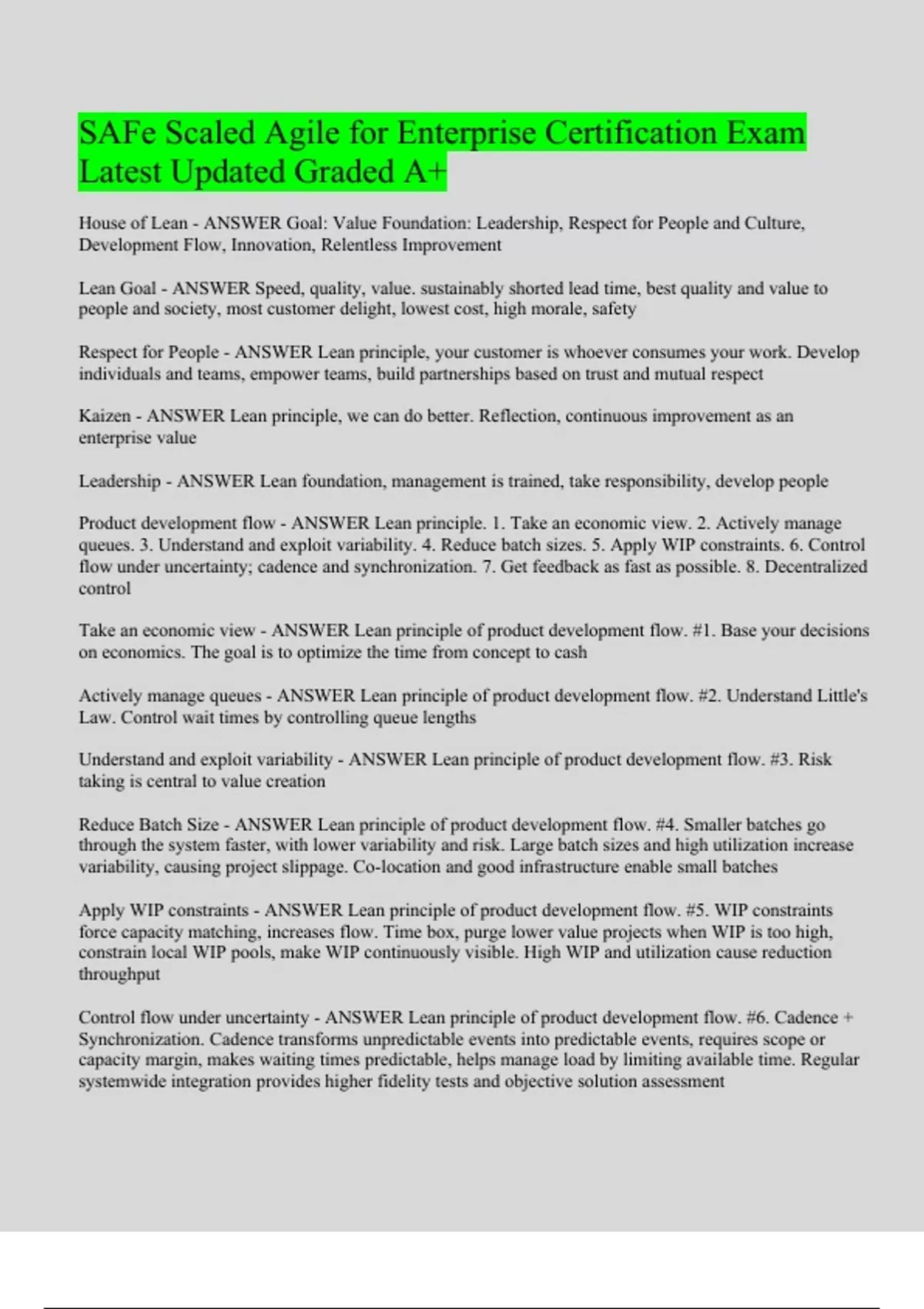 Safe Scaled Agile For Enterprise Certification Exam Questions With Correct Answers Latest