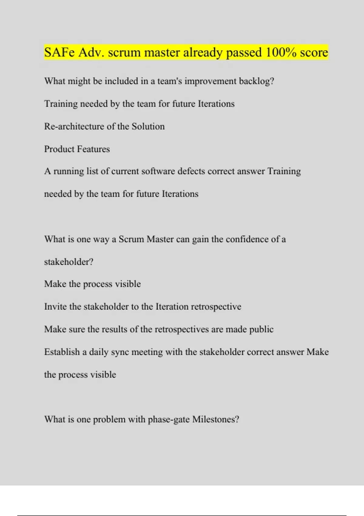 SAFe Adv. scrum master Questions with Correct Answers already passed ...