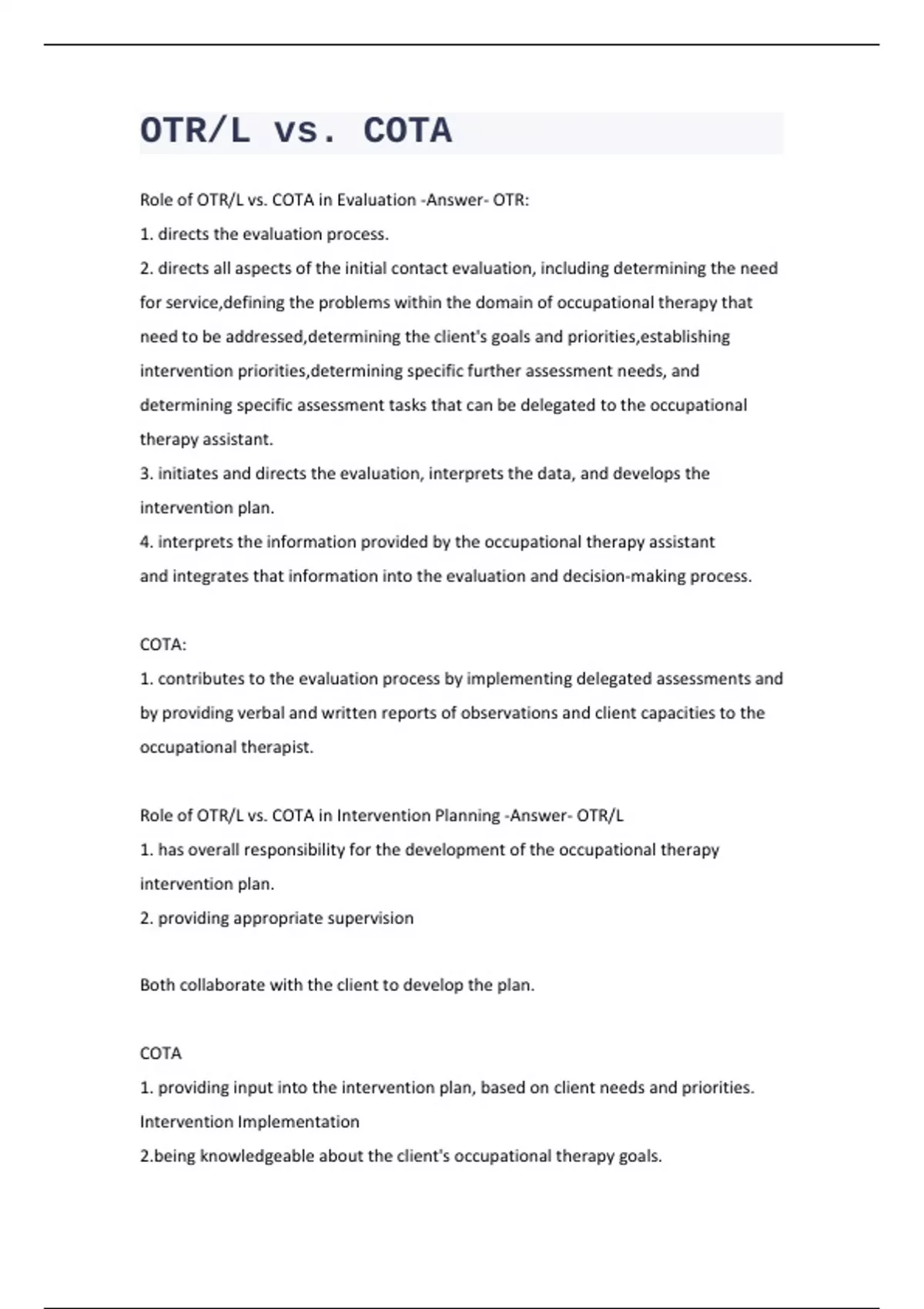 OTR/L vs. COTA Study Guide - OTR/L vs. COTA - Stuvia US