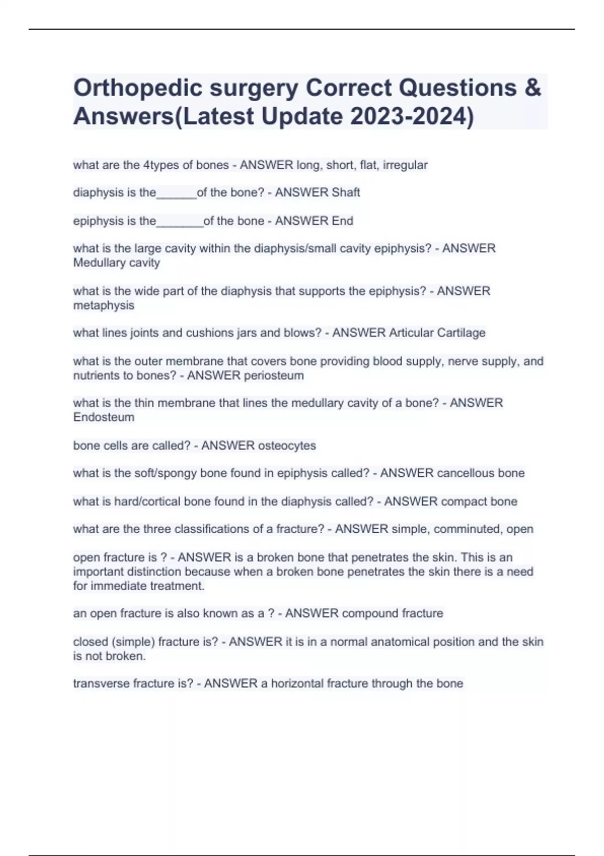 Orthopedic surgery Correct Questions & Answers(Latest Update ...