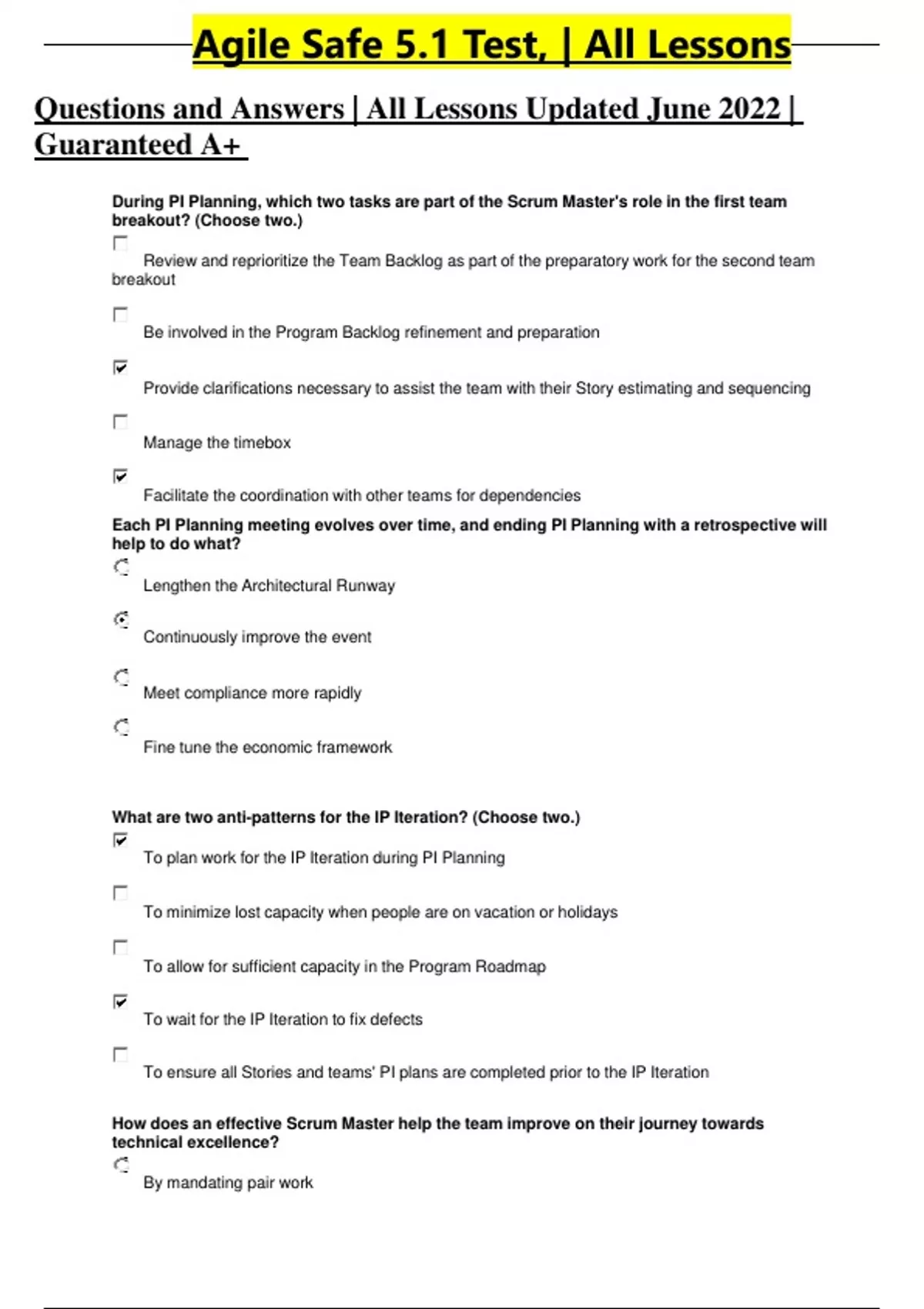 Agile Safe 5 1 Test Questions And Answers All Lessons Updated June 2022 Guaranteed A