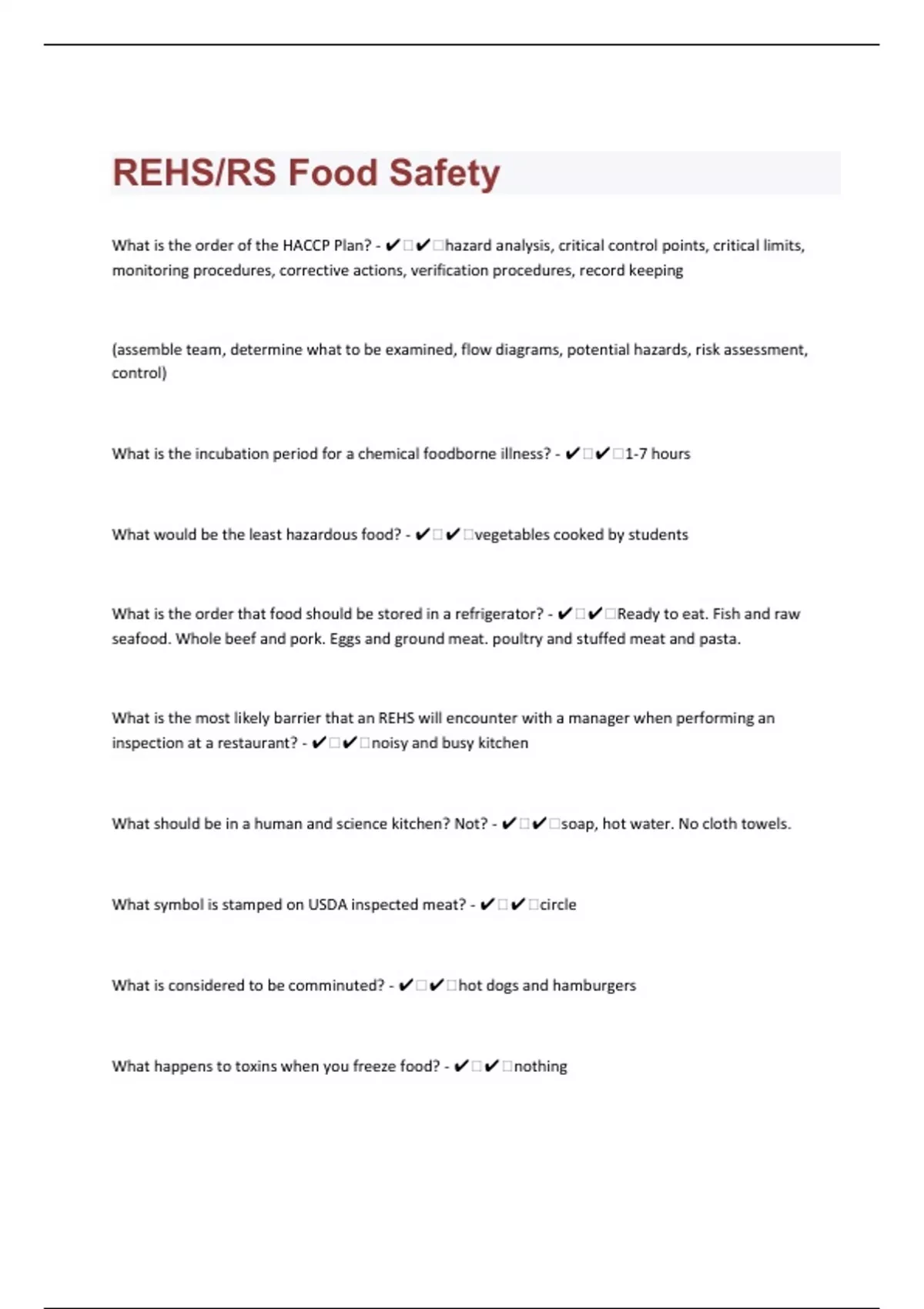 REHS/RS Food Safety|96 Practice Questions With Complete Solutions ...
