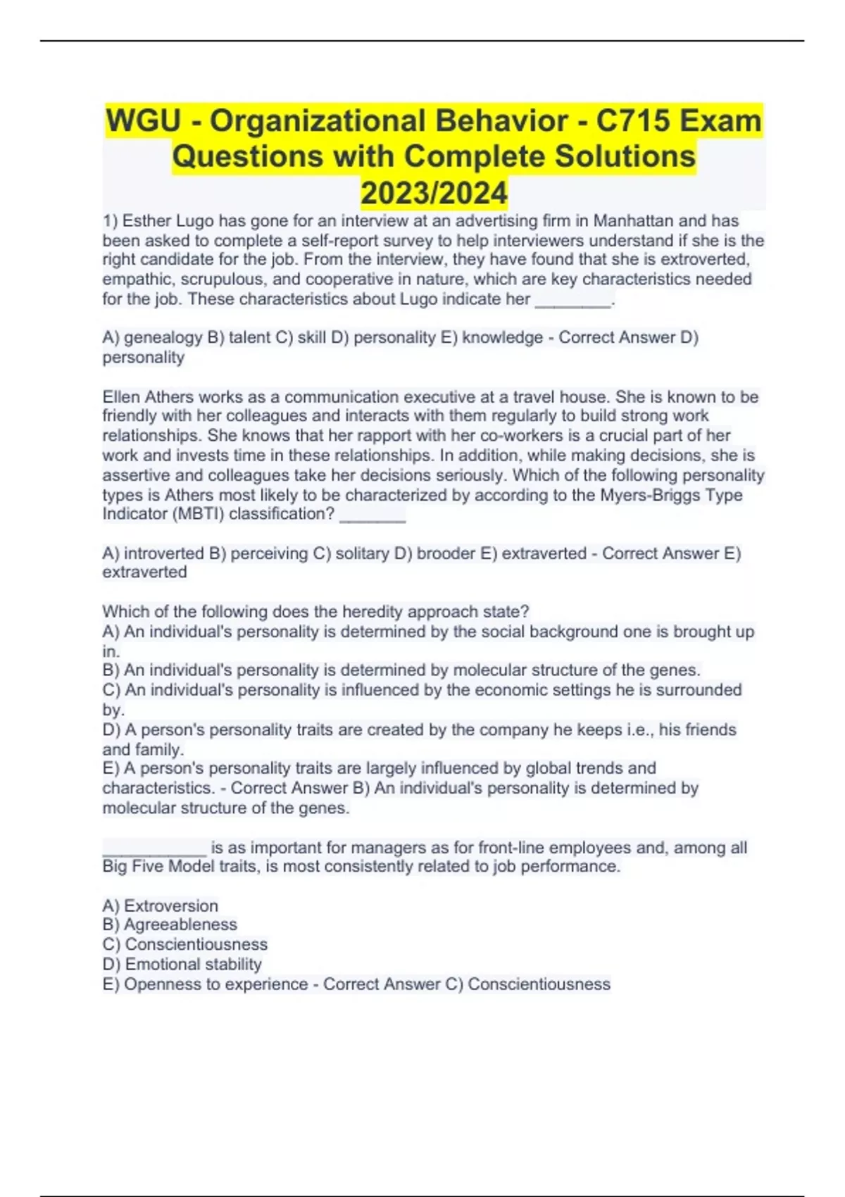 WGU - Organizational Behavior - C715 Exam Questions with Complete ...