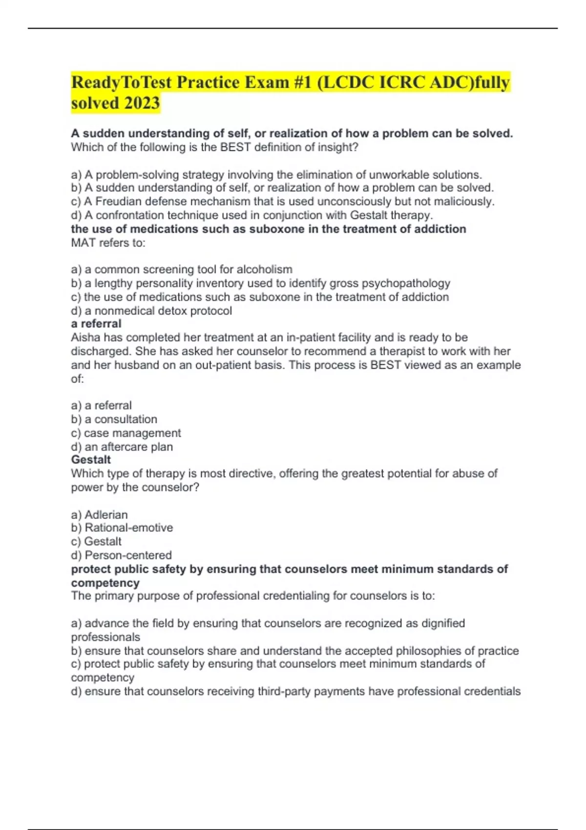 ReadyToTest Practice Exam #1 (LCDC ICRC ADC)fully solved 2023 - SAEM ...