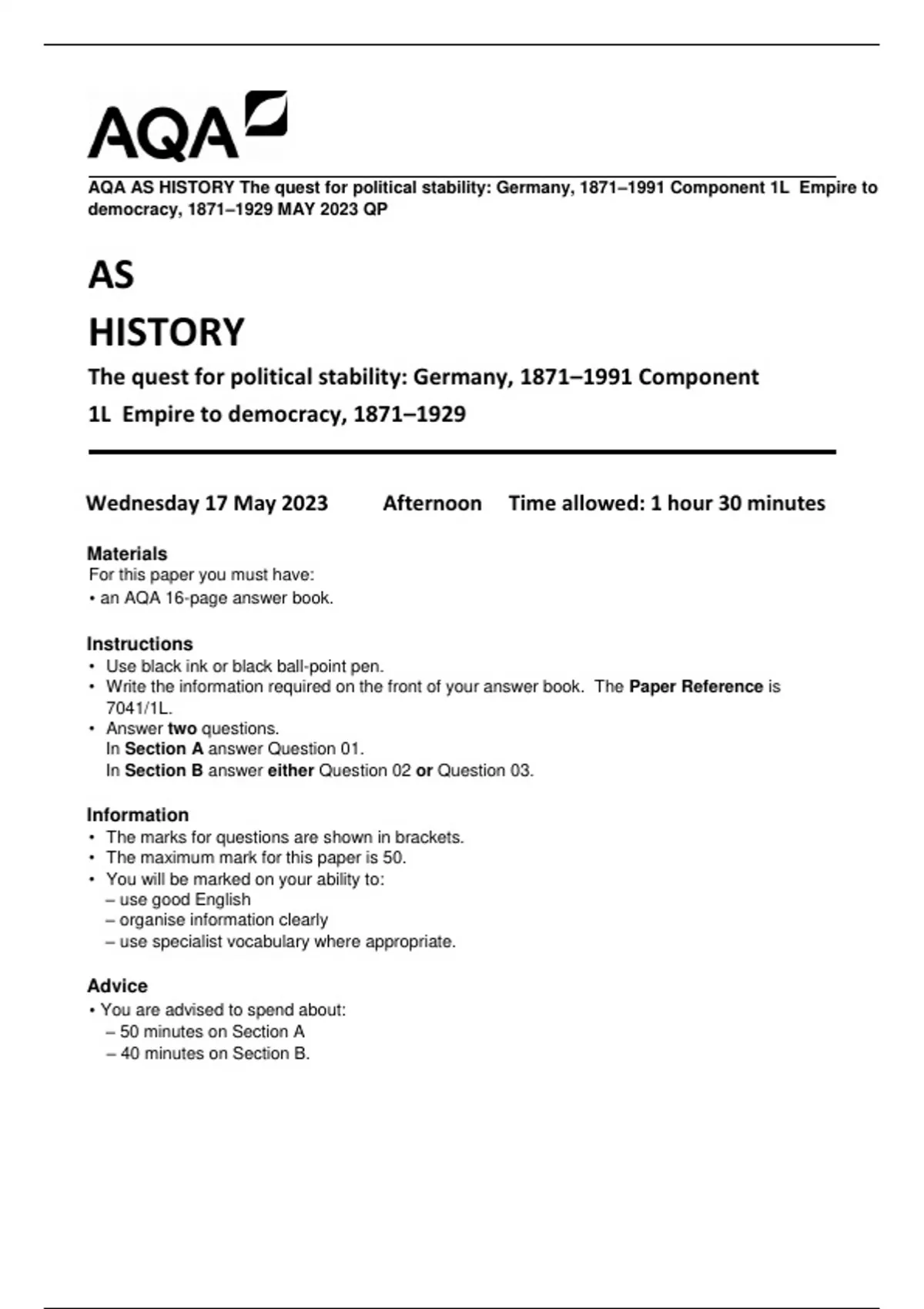 AQA AS HISTORY The quest for political stability: Germany, 1871–1991 ...