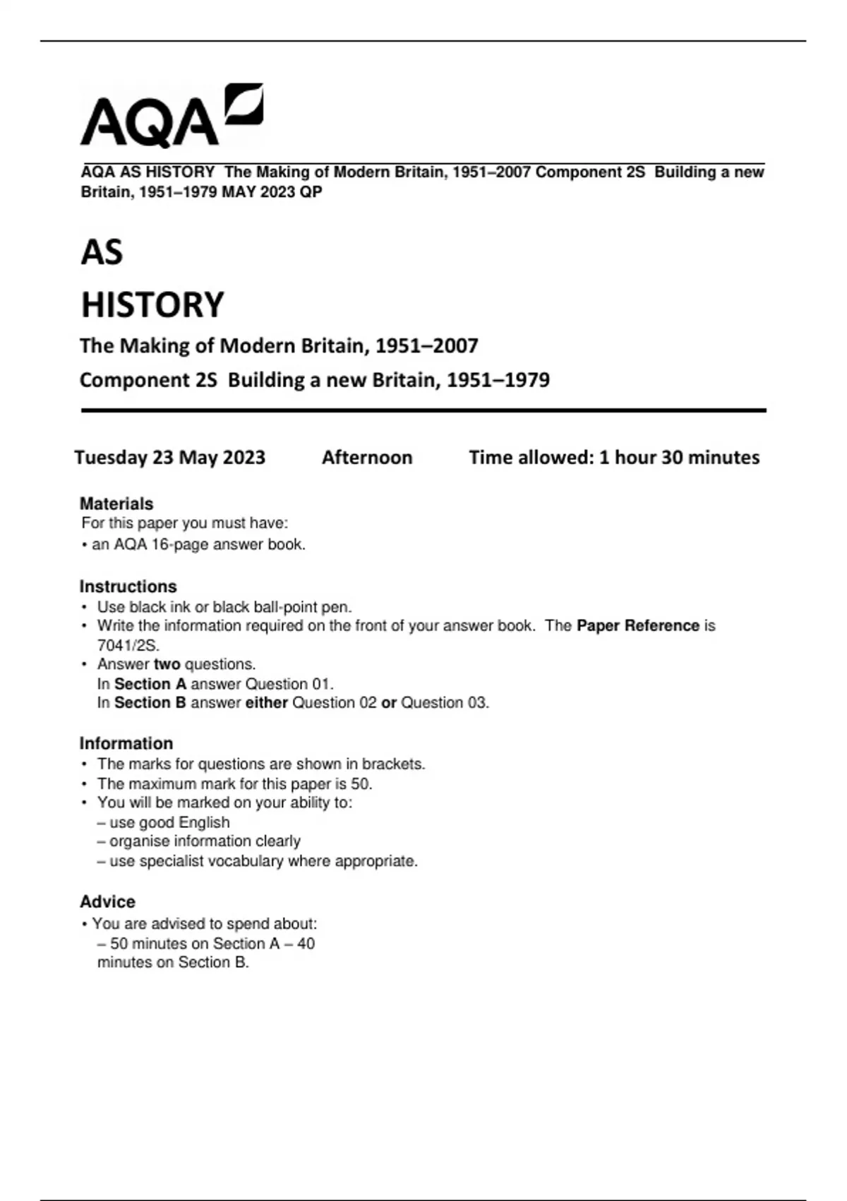 AQA AS HISTORY The Making of Modern Britain, 1951–2007 Component 2S ...