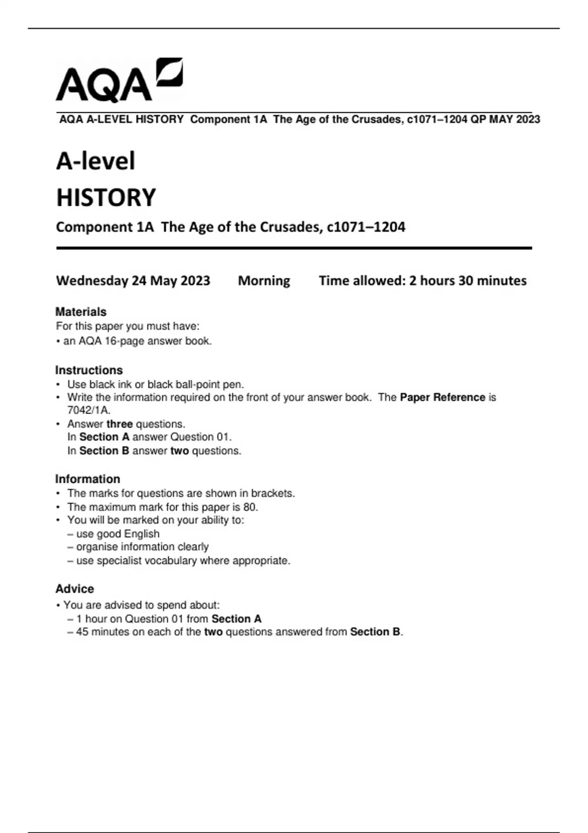 AQA A-LEVEL HISTORY Component 1A The Age of the Crusades, c1071–1204 QP ...