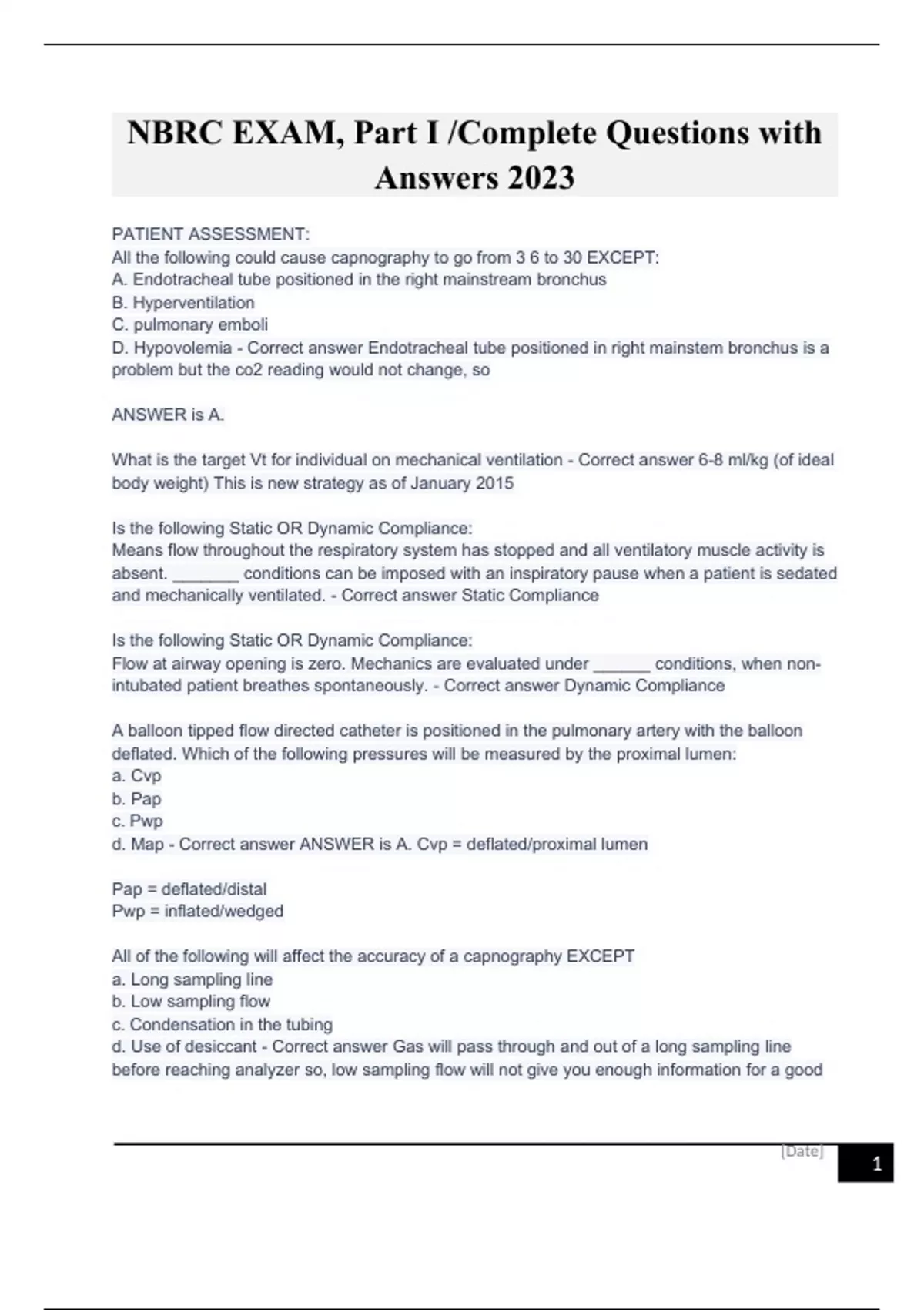 NBRC EXAM, Part I /Complete Questions with Answers 2023 - NBRC - Stuvia US