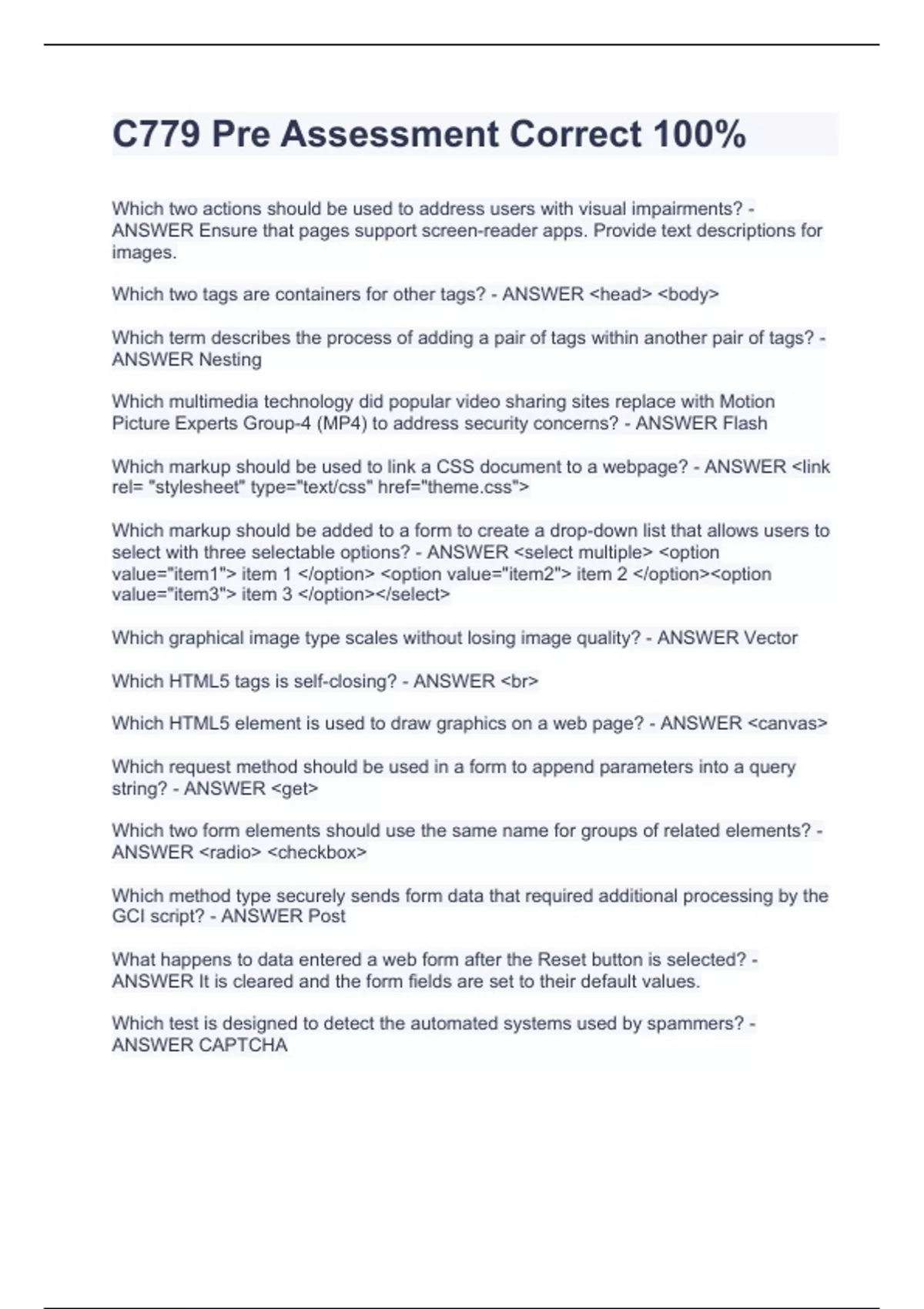 C779 Pre Assessment Correct 100% - C779 - Stuvia US