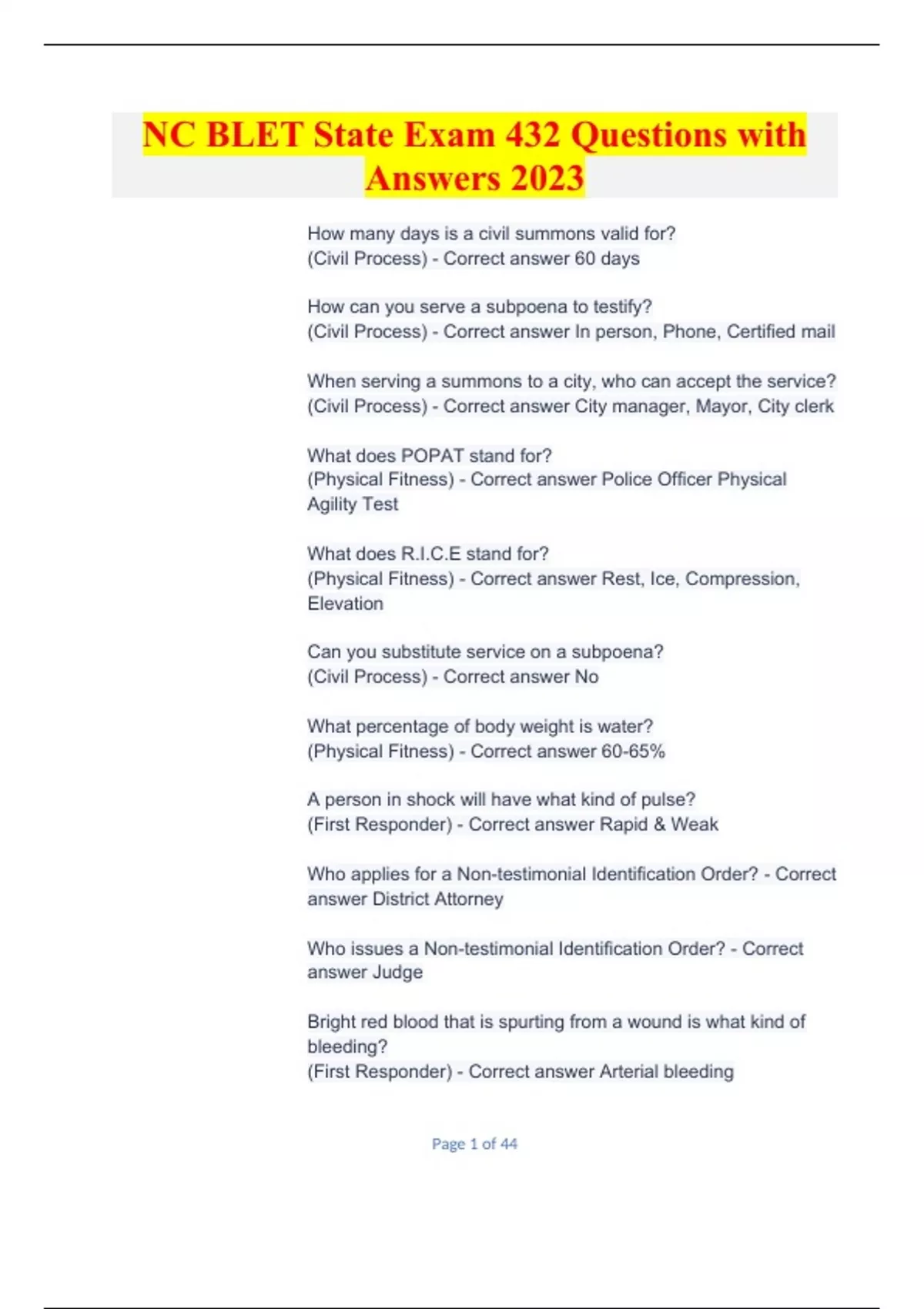 NC BLET State Exam 432 Questions with Answers 2023 - Nc blet - Stuvia US