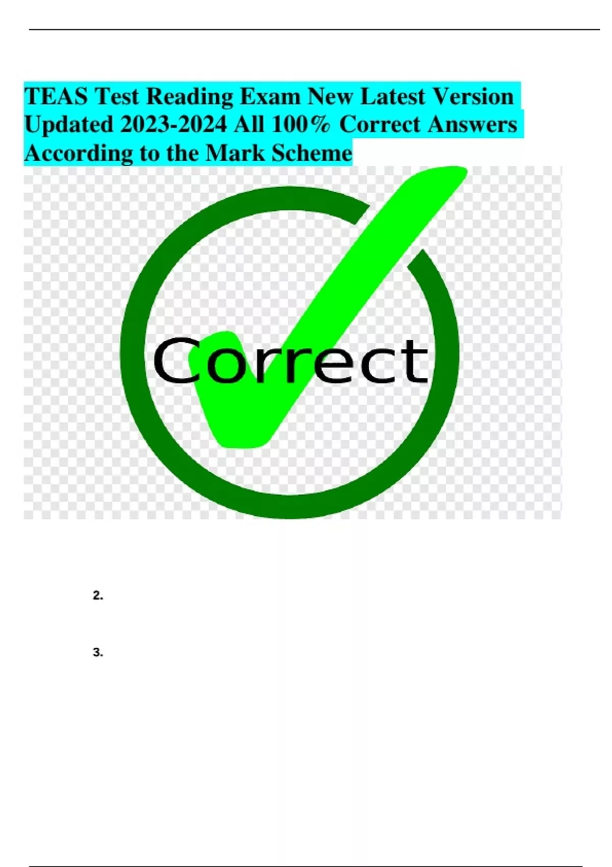 TEAS Test Reading Exam New Latest Version Updated All 100% Correct ...