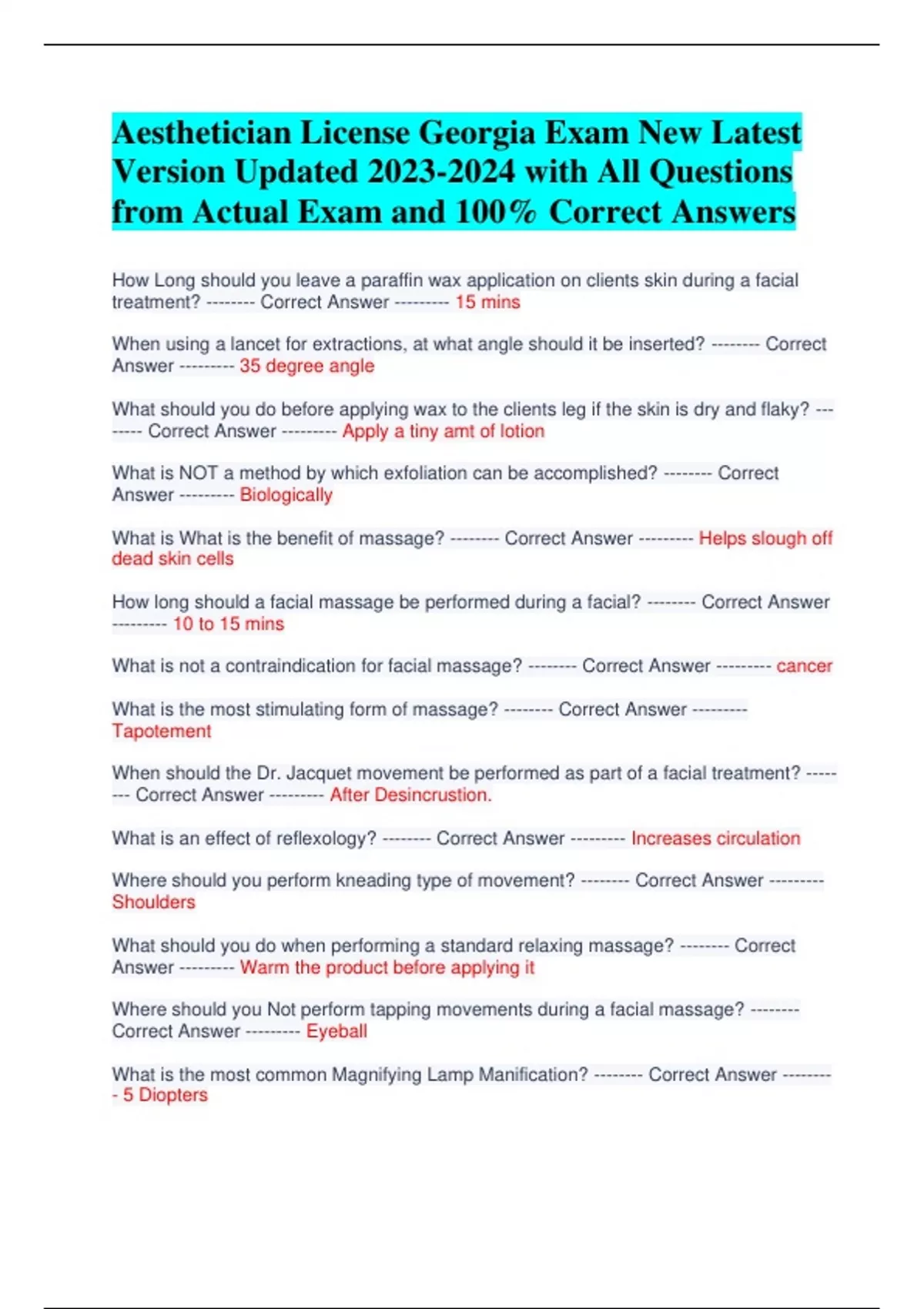 Aesthetician License Georgia Exam New Latest Version Updated with All ...