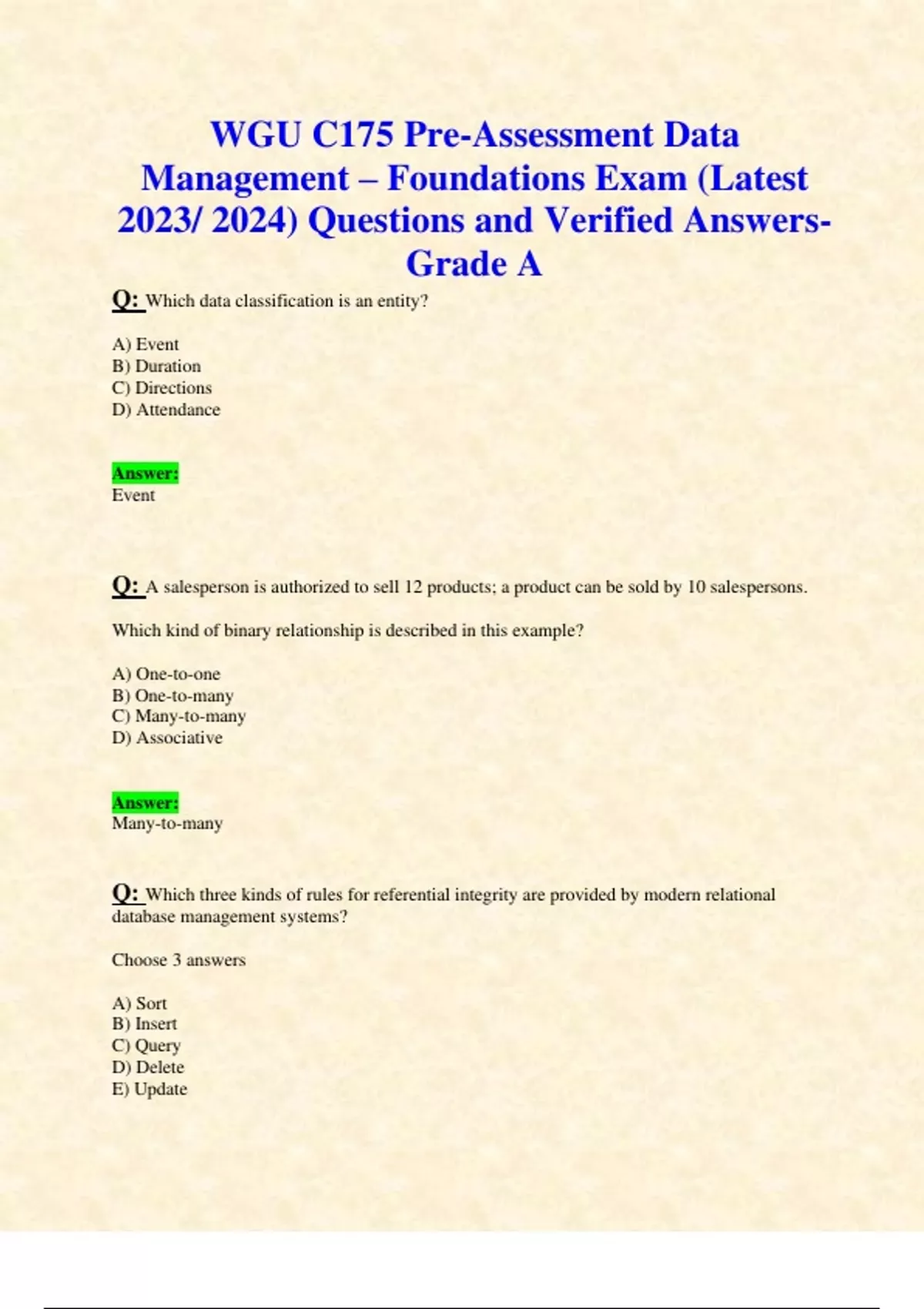 WGU C175 Data Management Foundations Final Exams/WGU C175 Pre ...