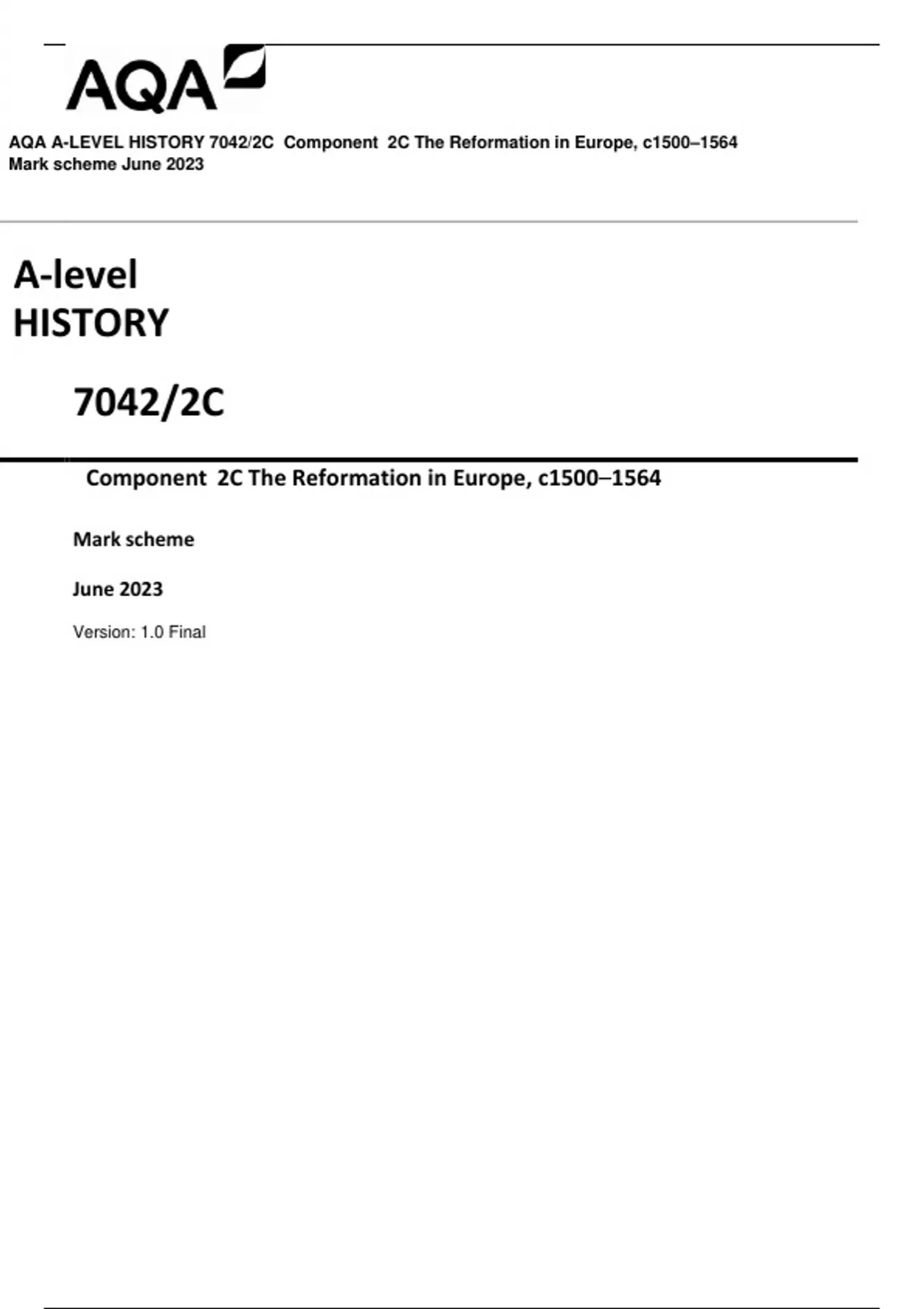 AQA A-LEVEL HISTORY 7042/2C Component 2C The Reformation in Europe ...