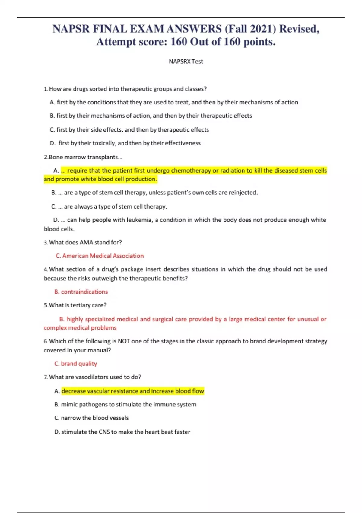 NAPSR FINAL EXAM QUESTIONS WITH ANSWERS Revised, Attempt score: 160 Out ...