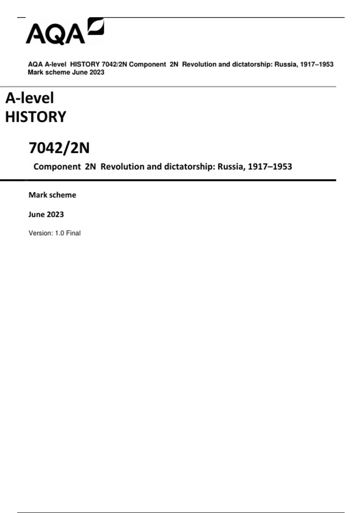 AQA A-level HISTORY 7042/2N Component 2N Revolution and dictatorship: Russia, 1917–1953 Mark ...