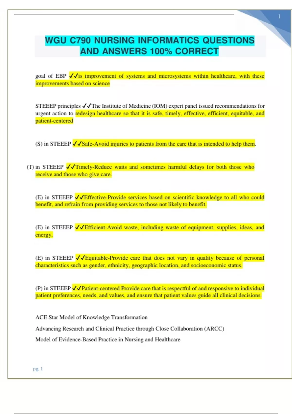 WGU C790 NURSING INFORMATICS QUESTIONS AND ANSWERS 100% CORRECT 2023/ ...