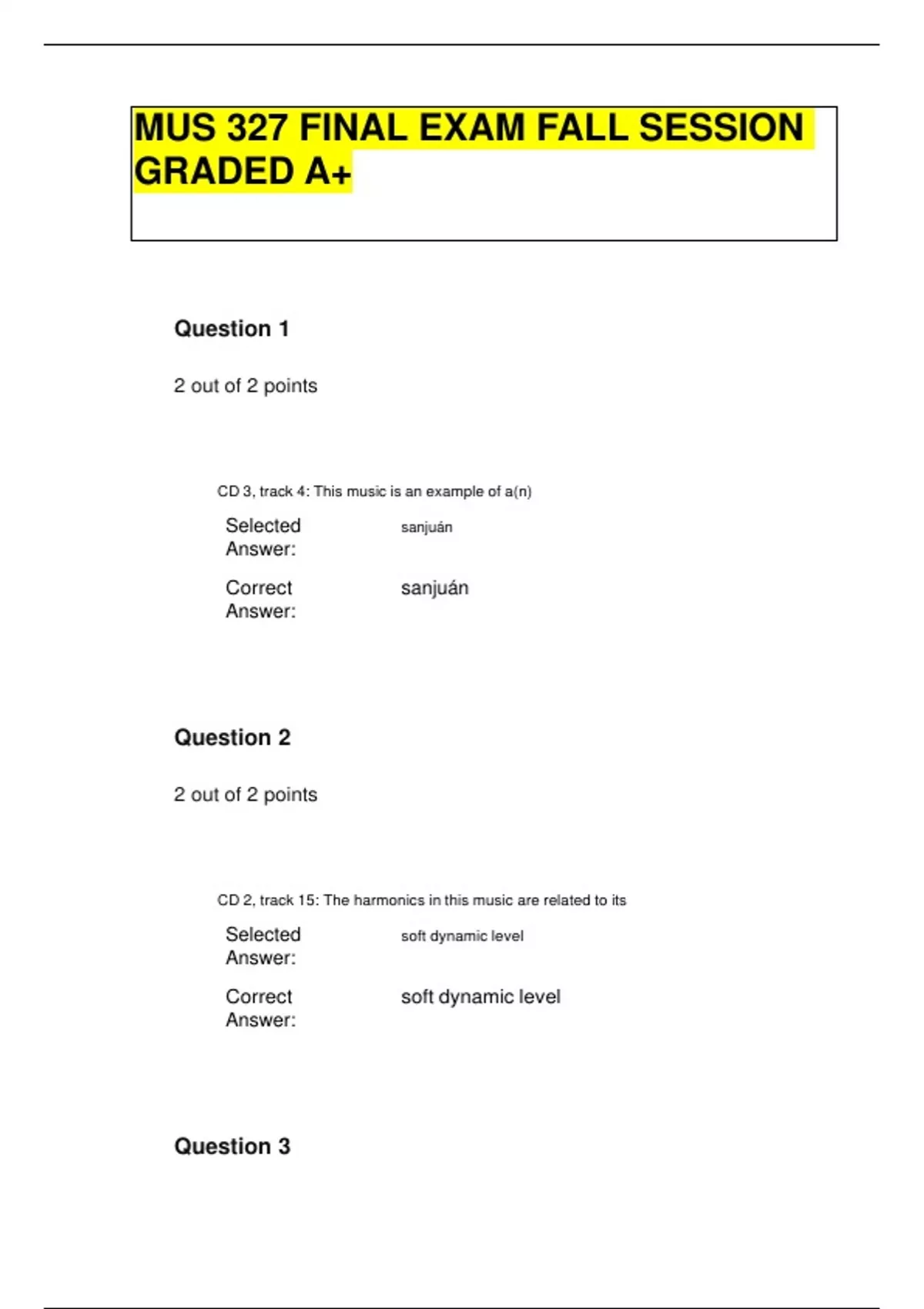 MUS 327 FINAL EXAM FALL SESSION GRADED A+ - MUS 327 - Stuvia US