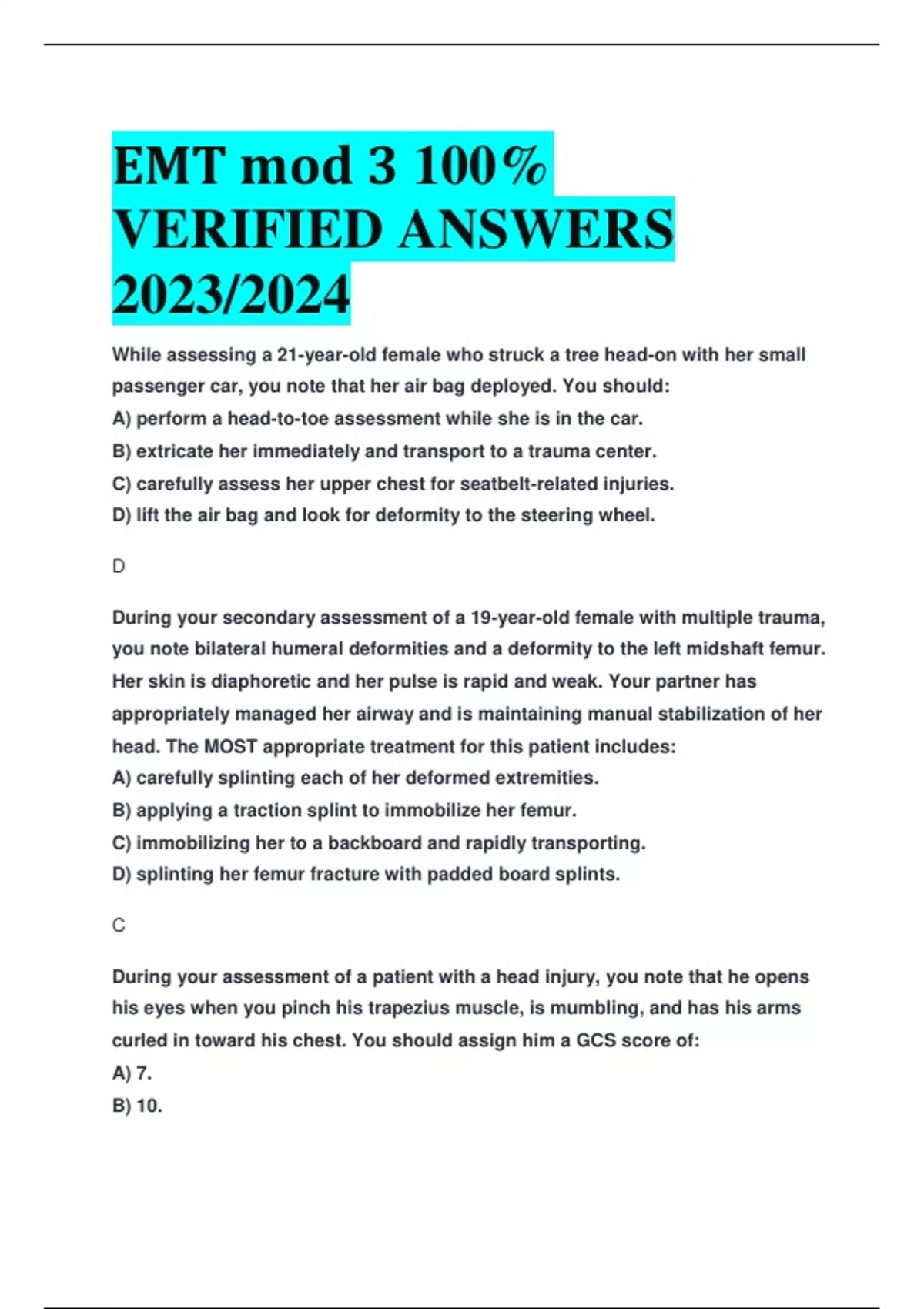 EMT mod 3 100% VERIFIED ANSWERS CORRECT 2023/2024 - EMT mod 3 - Stuvia US