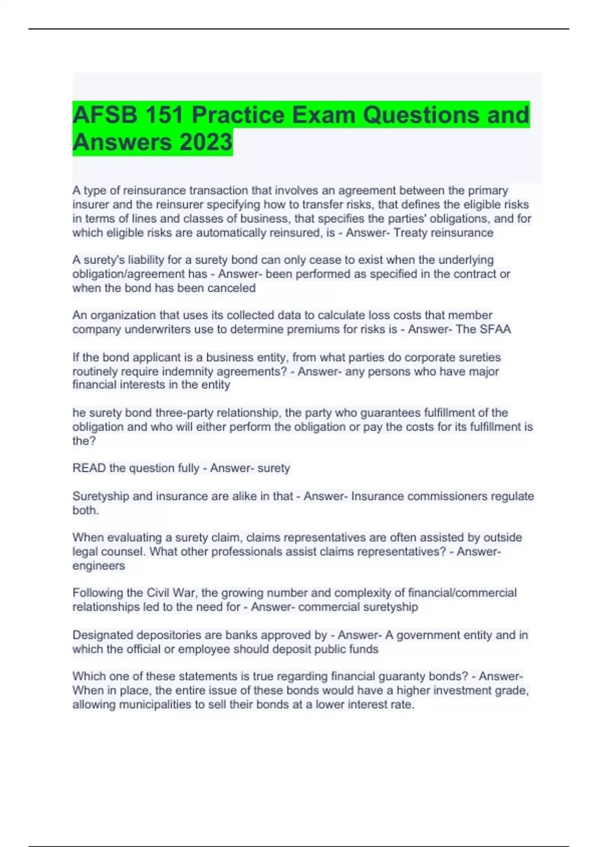 AFSB 151 Practice Exam Questions and Answers 2023 - AFSB 151 - Stuvia US