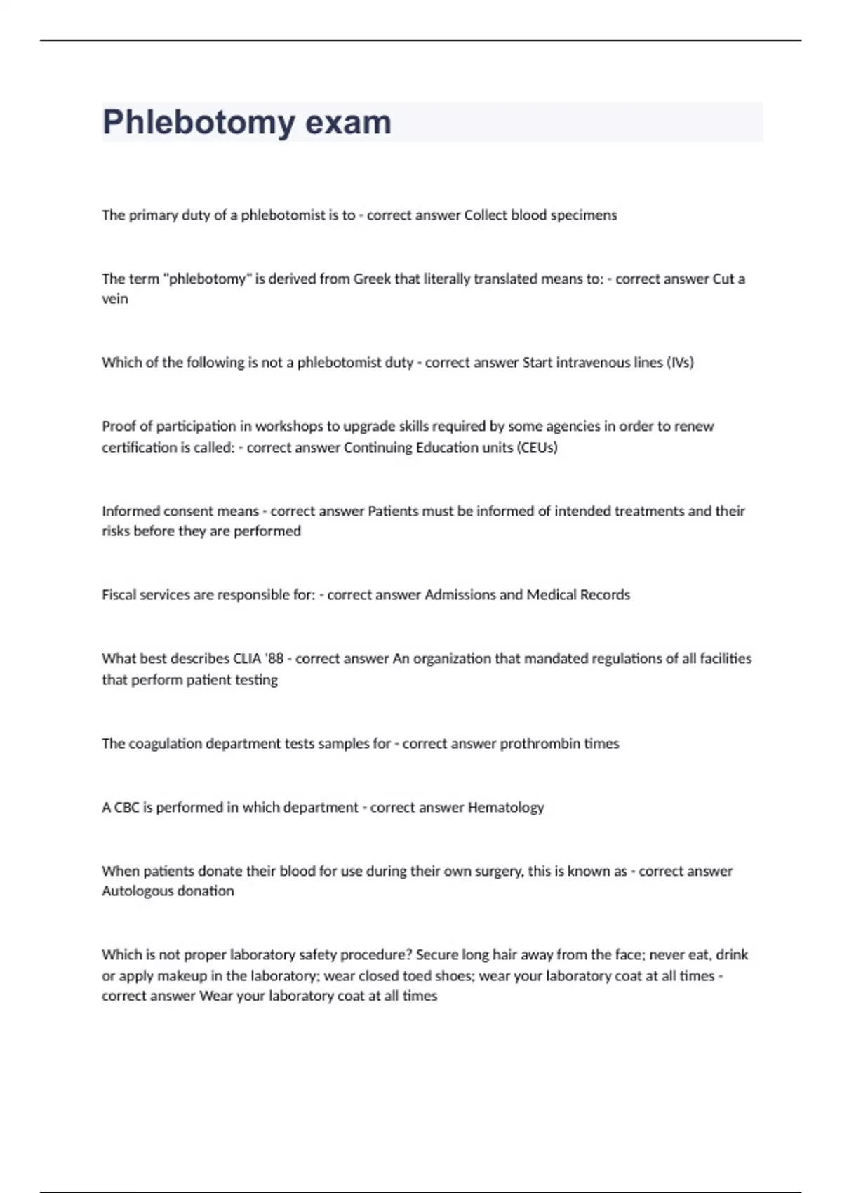 Phlebotomy exam questions with 100% correct answers 2023 - Phlebotomy ...