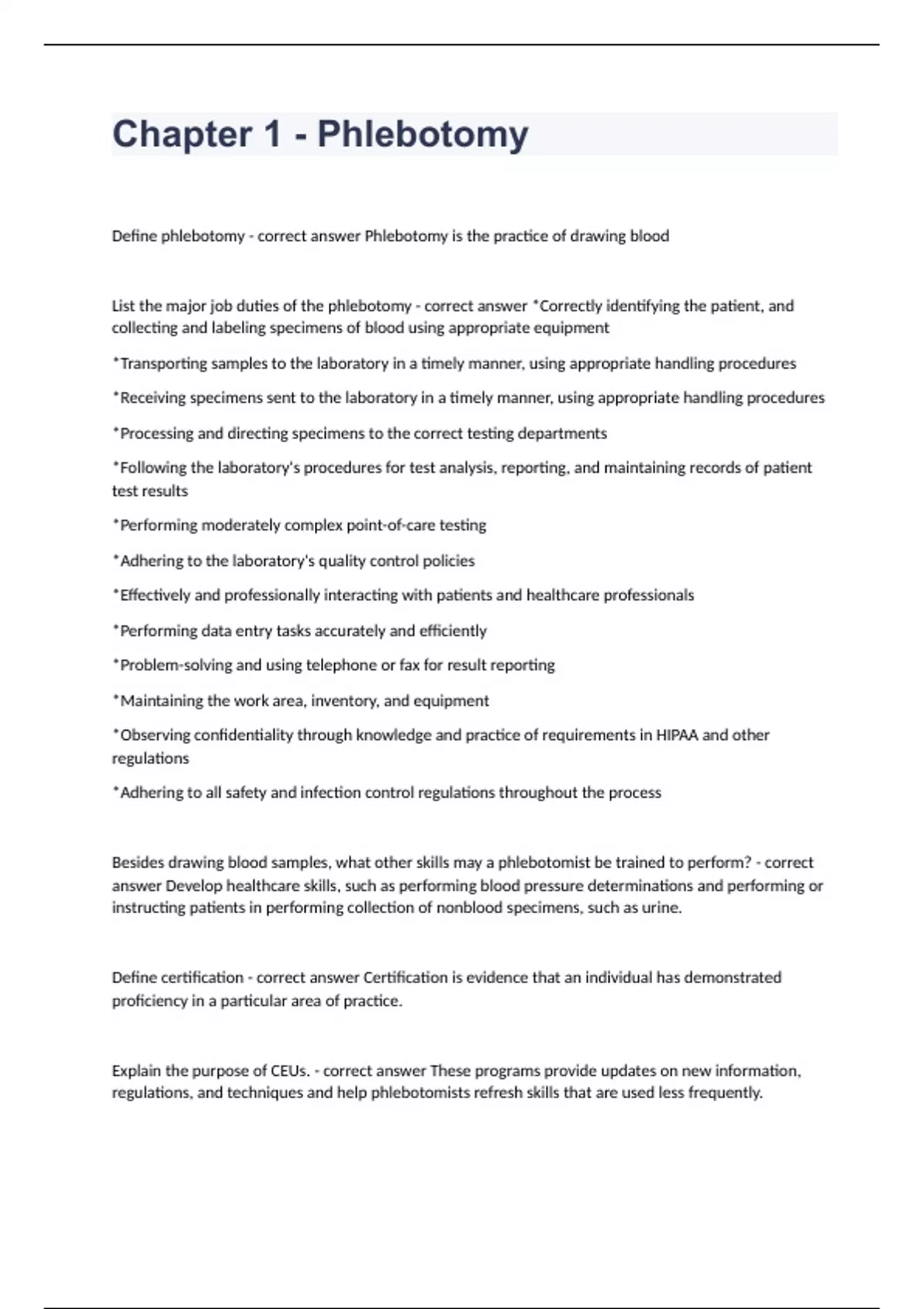 Chapter 1 - Phlebotomy fully solved 2023/2024 - Phlebotomy - Stuvia US