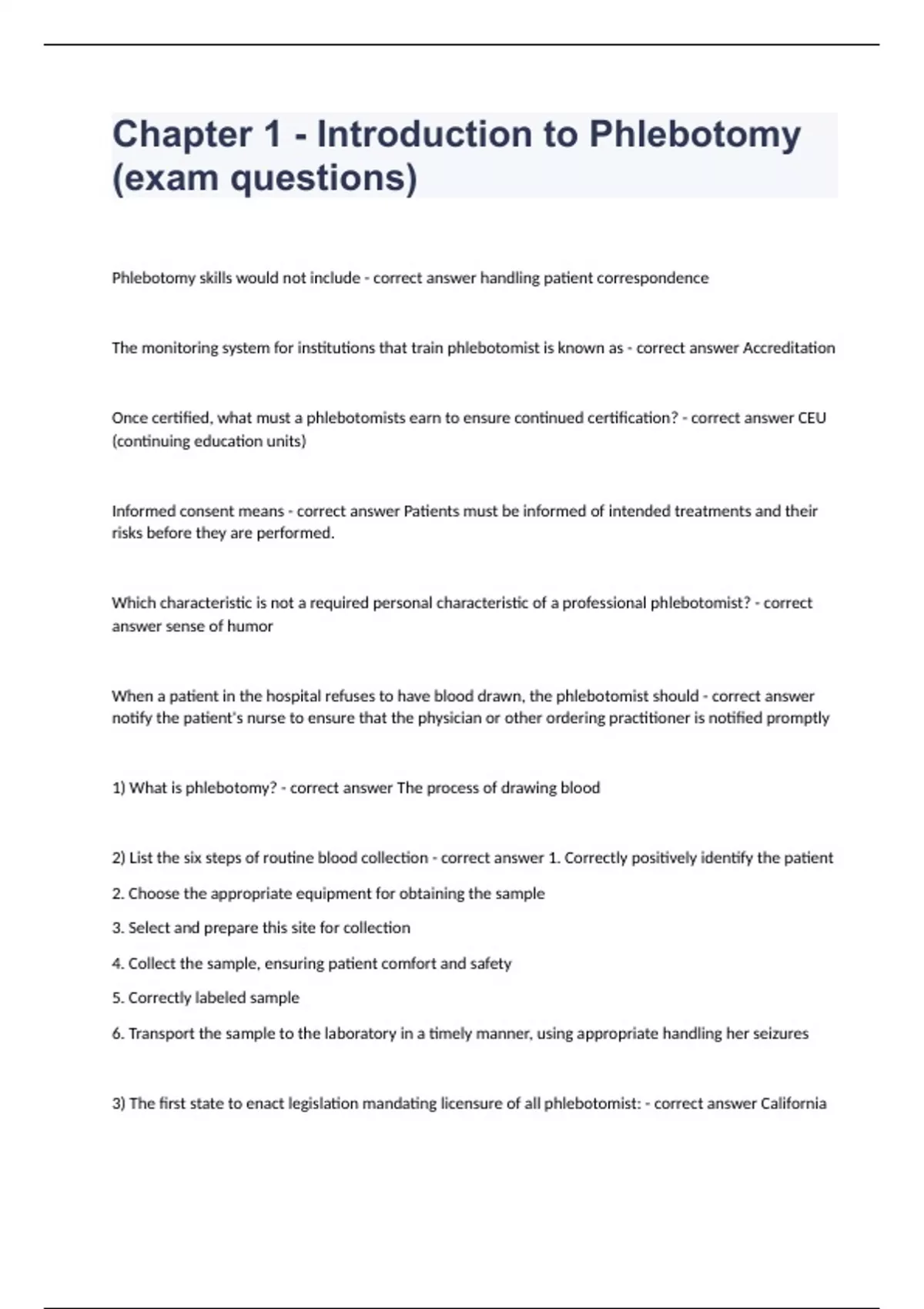 Chapter 1 - Introduction to Phlebotomy (exam questions) 2023 verified ...