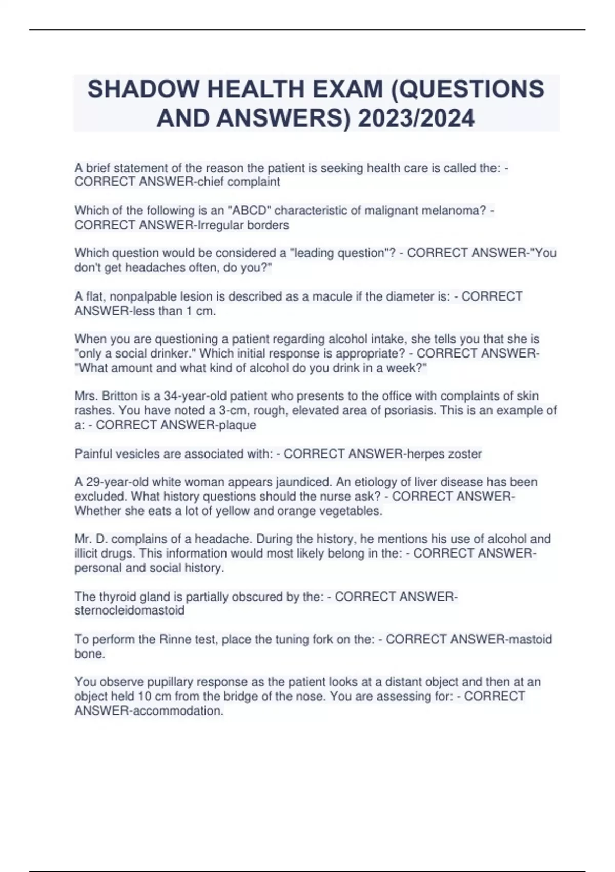 Package deal for SHADOW HEALTH QUESTIONS AND CORRECT ANSWERS UPDATED ...