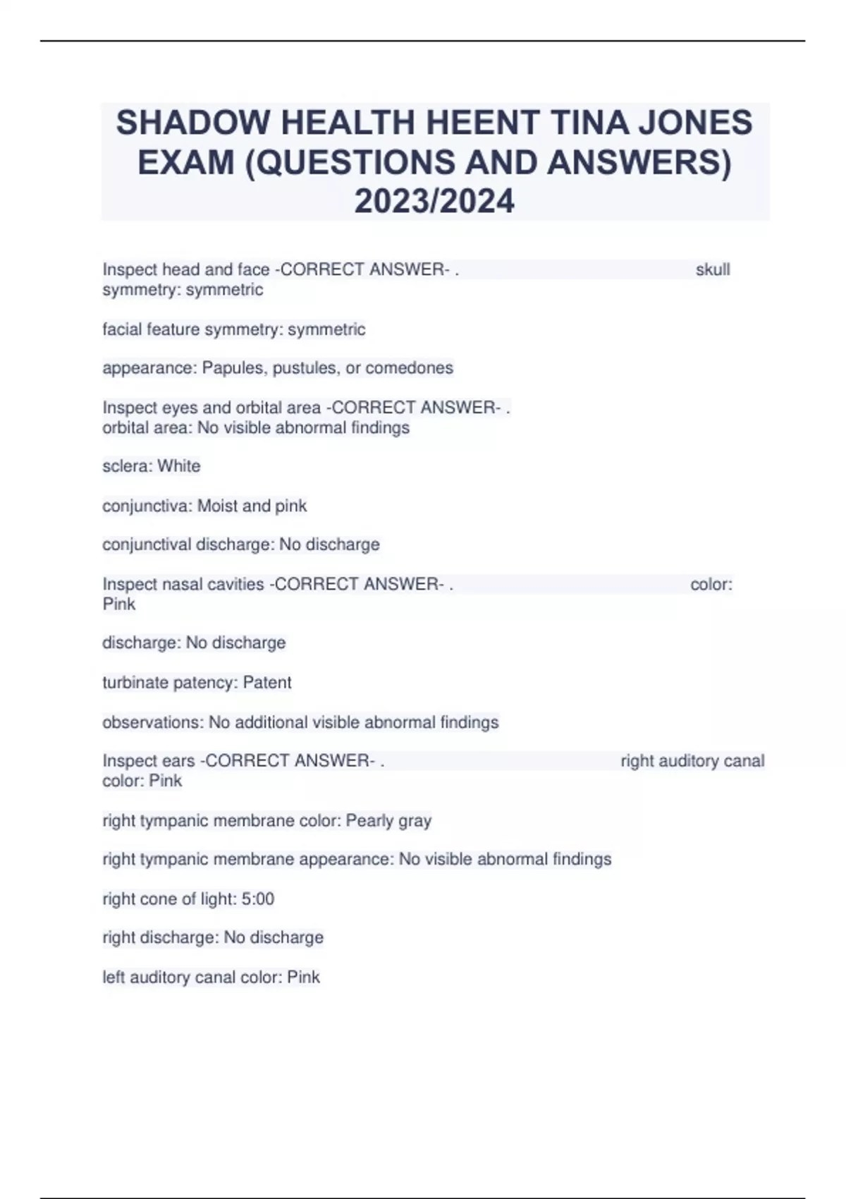 SHADOW HEALTH HEENT TINA JONES EXAM (QUESTIONS AND ANSWERS) 2023/2024 ...