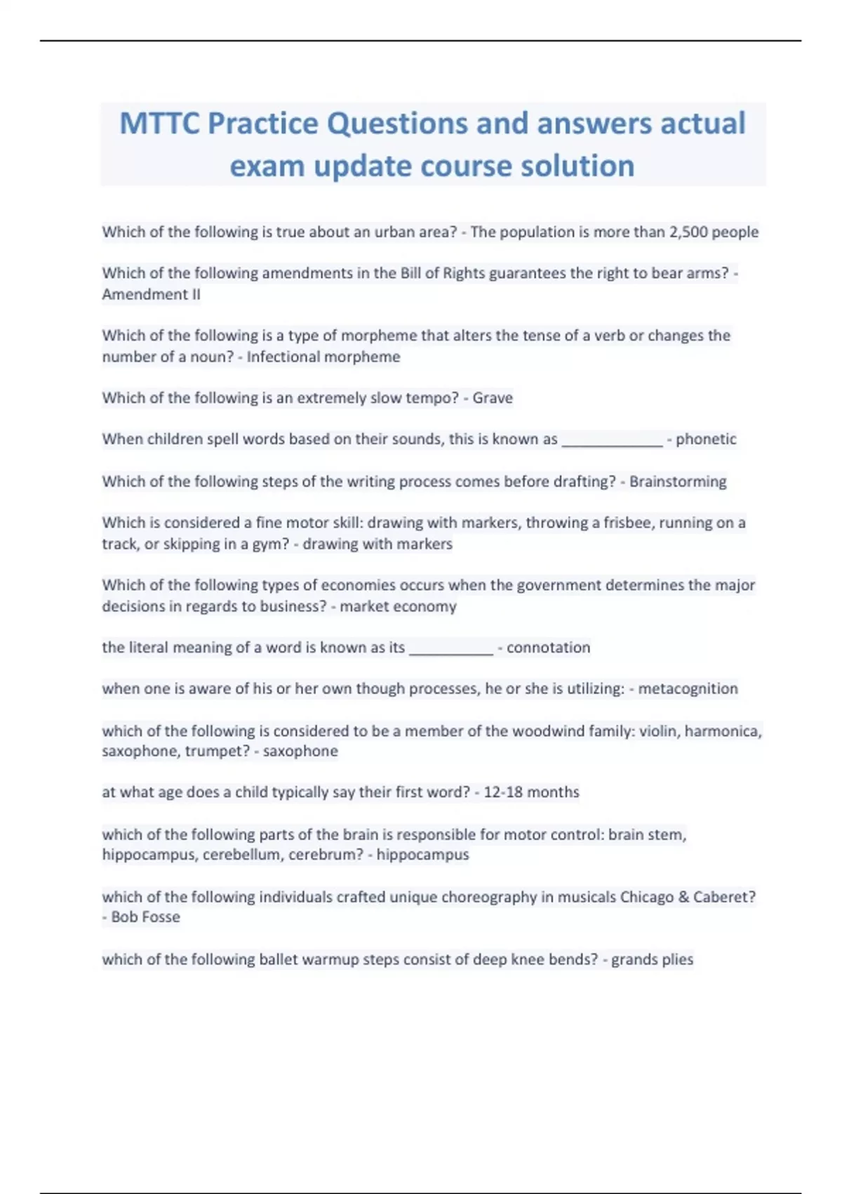 MTTC Practice Questions and answers actual exam update course solution ...