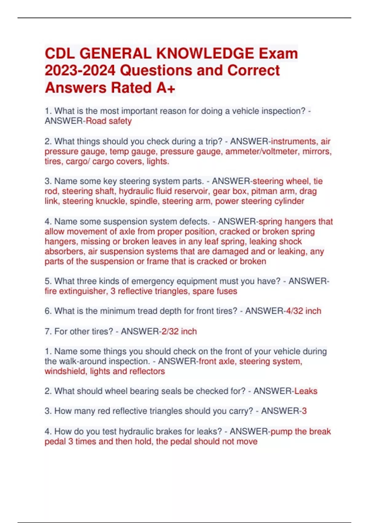CDL GENERAL KNOWLEDGE Exam Questions and Correct Answers Rated A+ - CDL ...
