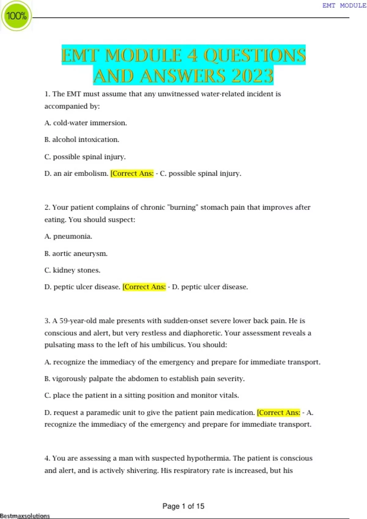 EMT MODULE 4 QUESTIONS AND ANSWERS 2023 - EMT - Stuvia US