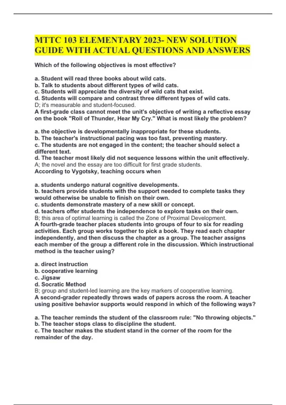 MTTC 103 ELEMENTARY 2023- NEW SOLUTION GUIDE WITH ACTUAL QUESTIONS AND ...