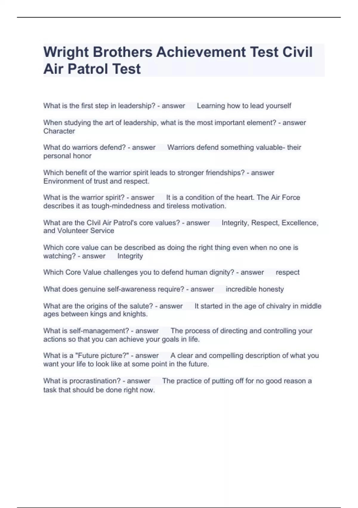 Wright Brothers Achievement Test Civil Air Patrol Test Questions and ...